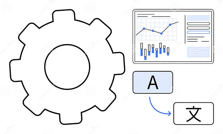 Gear Symbol with Data Analytics Screen and Language Translation Icons ...