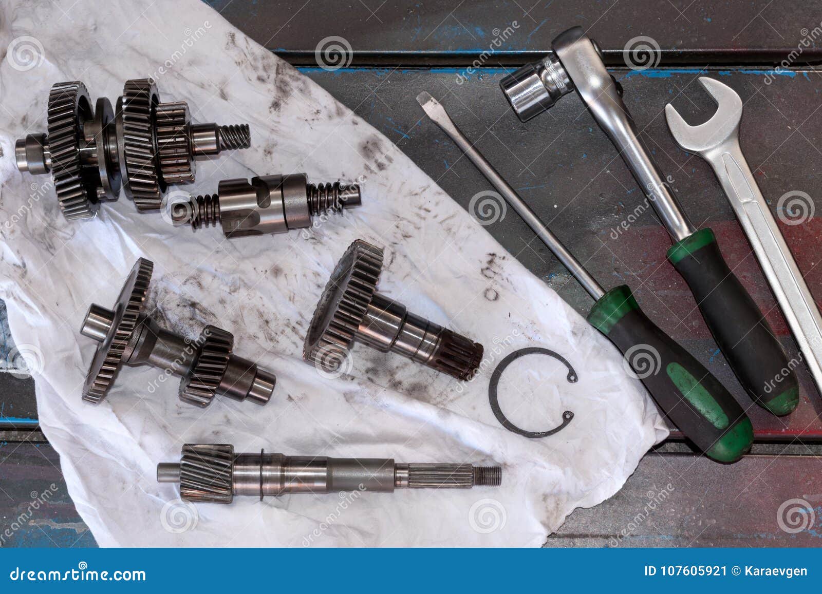 Gearbox Parts on a Wooden Table with Tools Stock Image - Image of macro ...