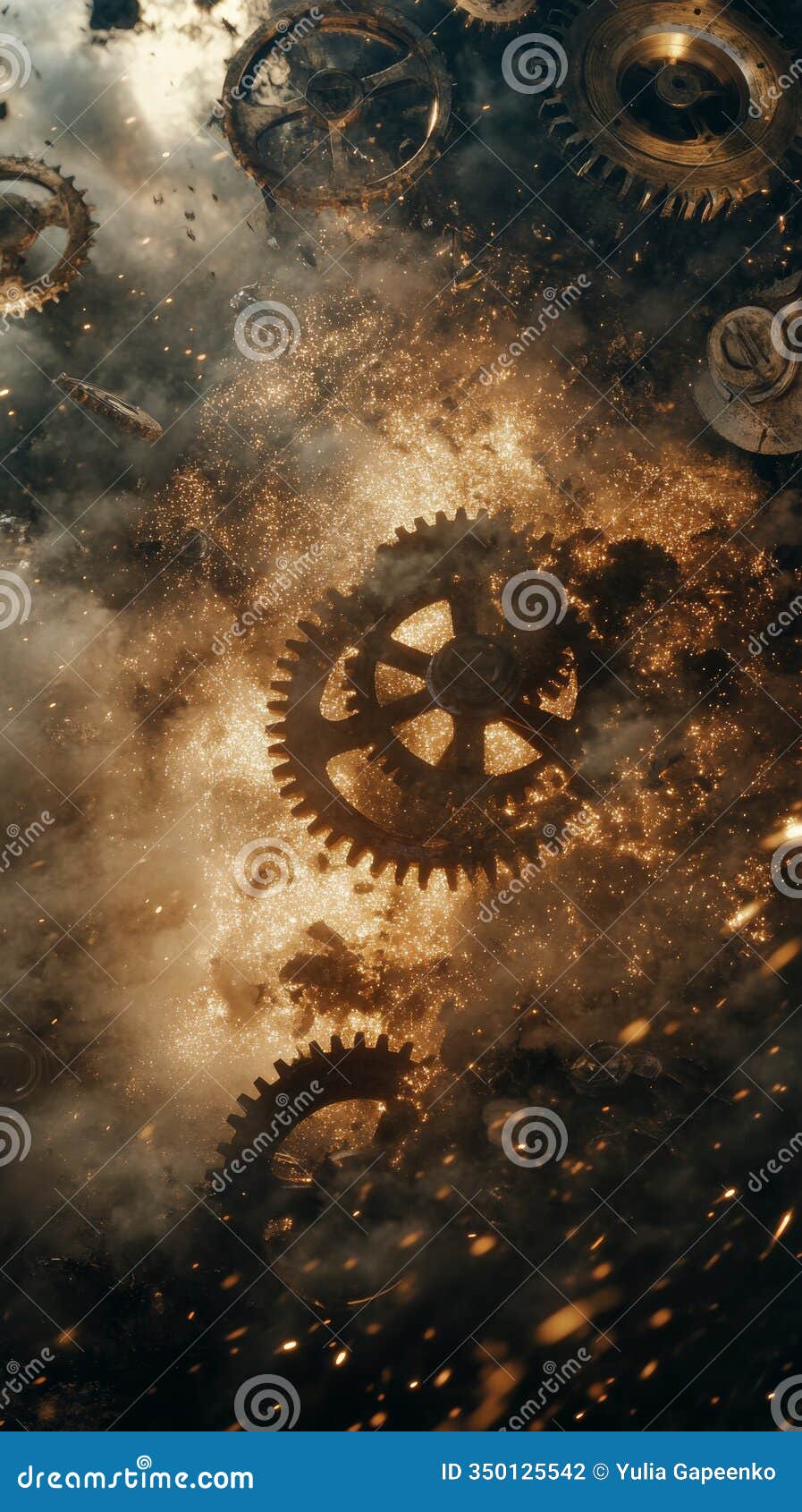 Mechanical Gears Floating through an Explosion of Sparks and Dust in a ...