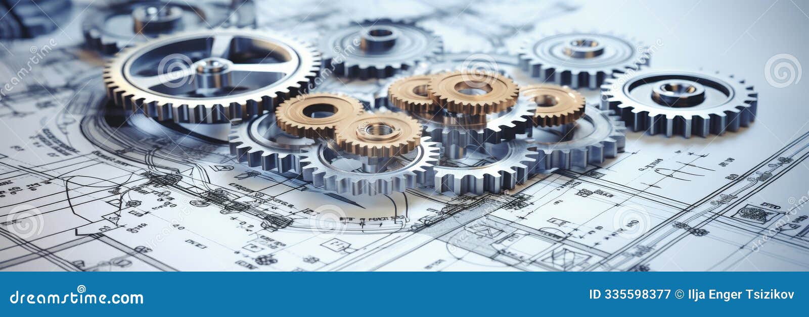 Gears and Cogs on Technical Blueprint Drawing Plans for Engineering ...