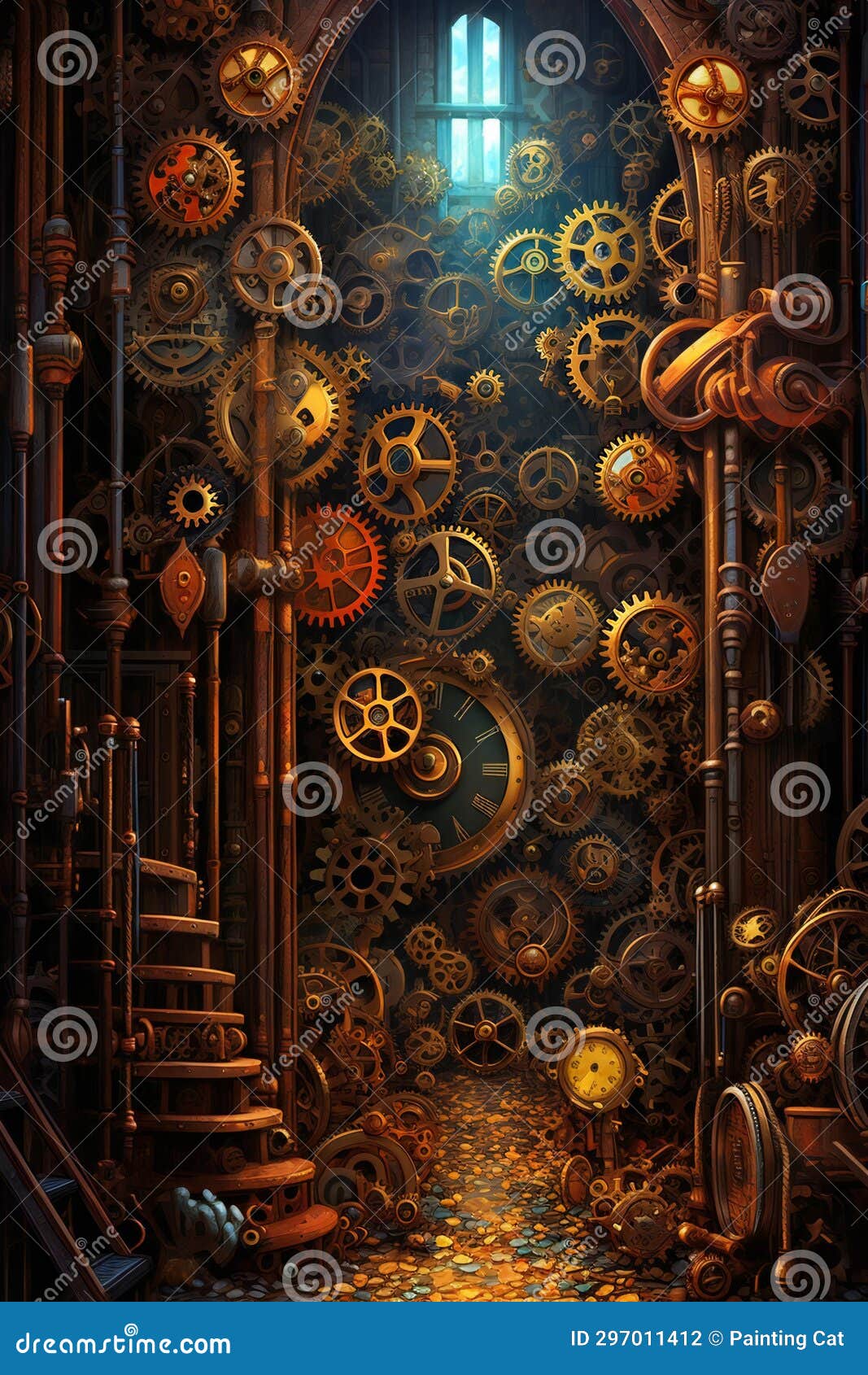 Gears, Gears and Door in a Dark Room Stock Illustration - Illustration ...