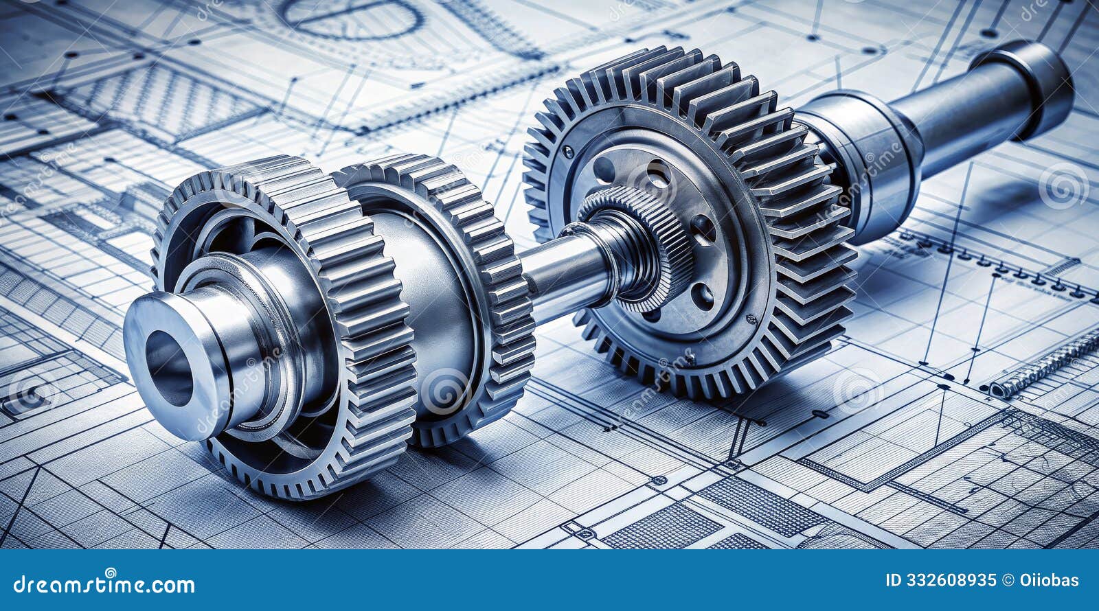 Gears Of Innovation Metal Cogs On A Blue Schematic Blueprint Royalty ...
