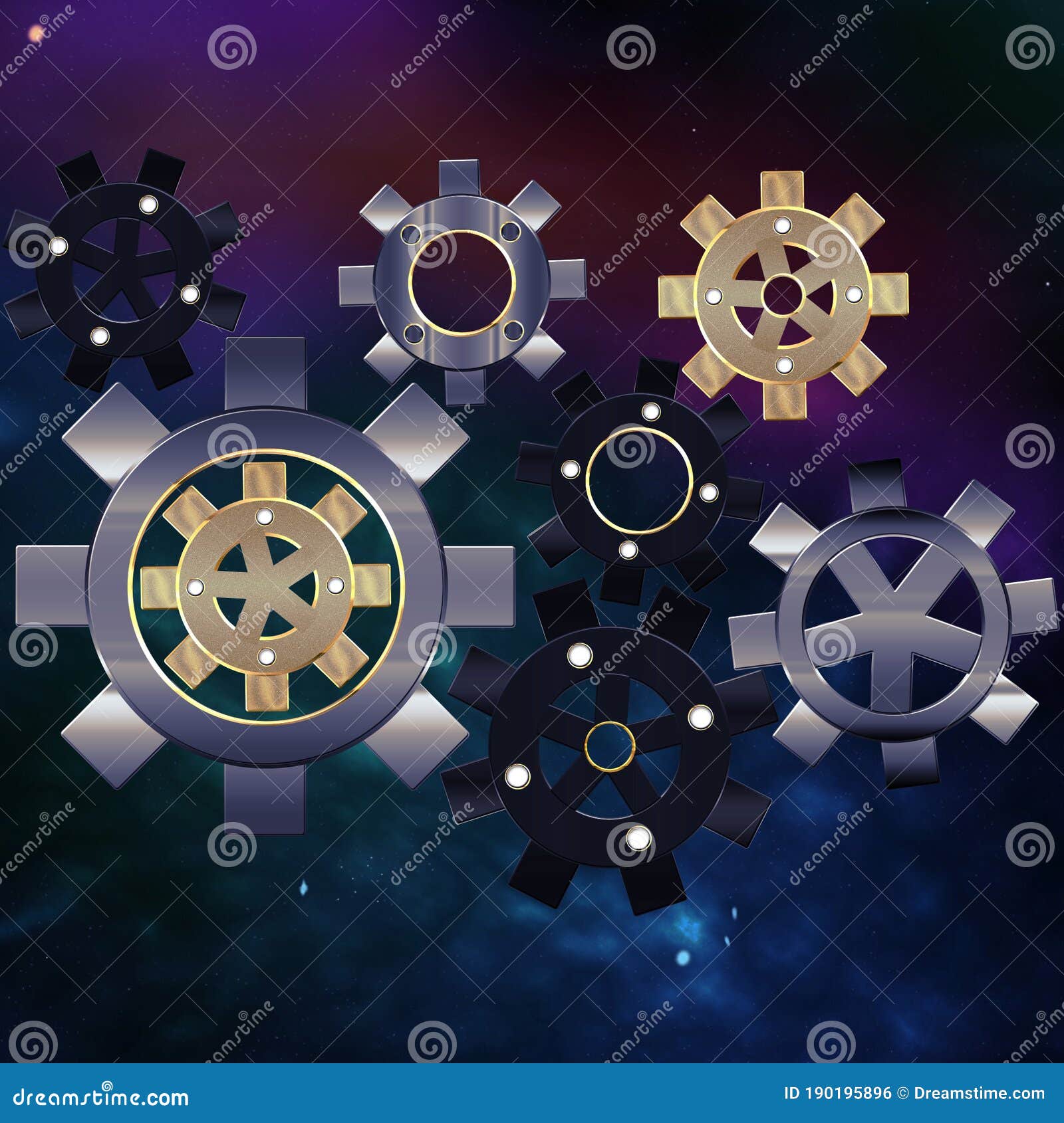 Gears in space stock illustration. Illustration of gold - 190195896