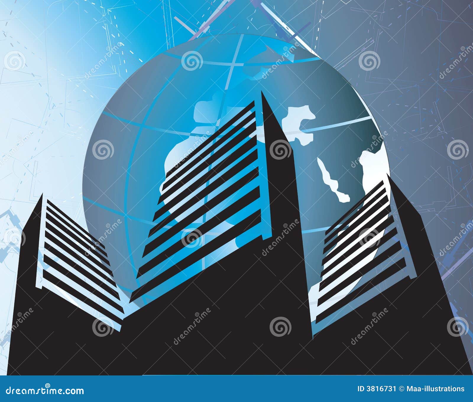 Gebouwen onder een bol vector illustratie. Illustration of handwerk ...