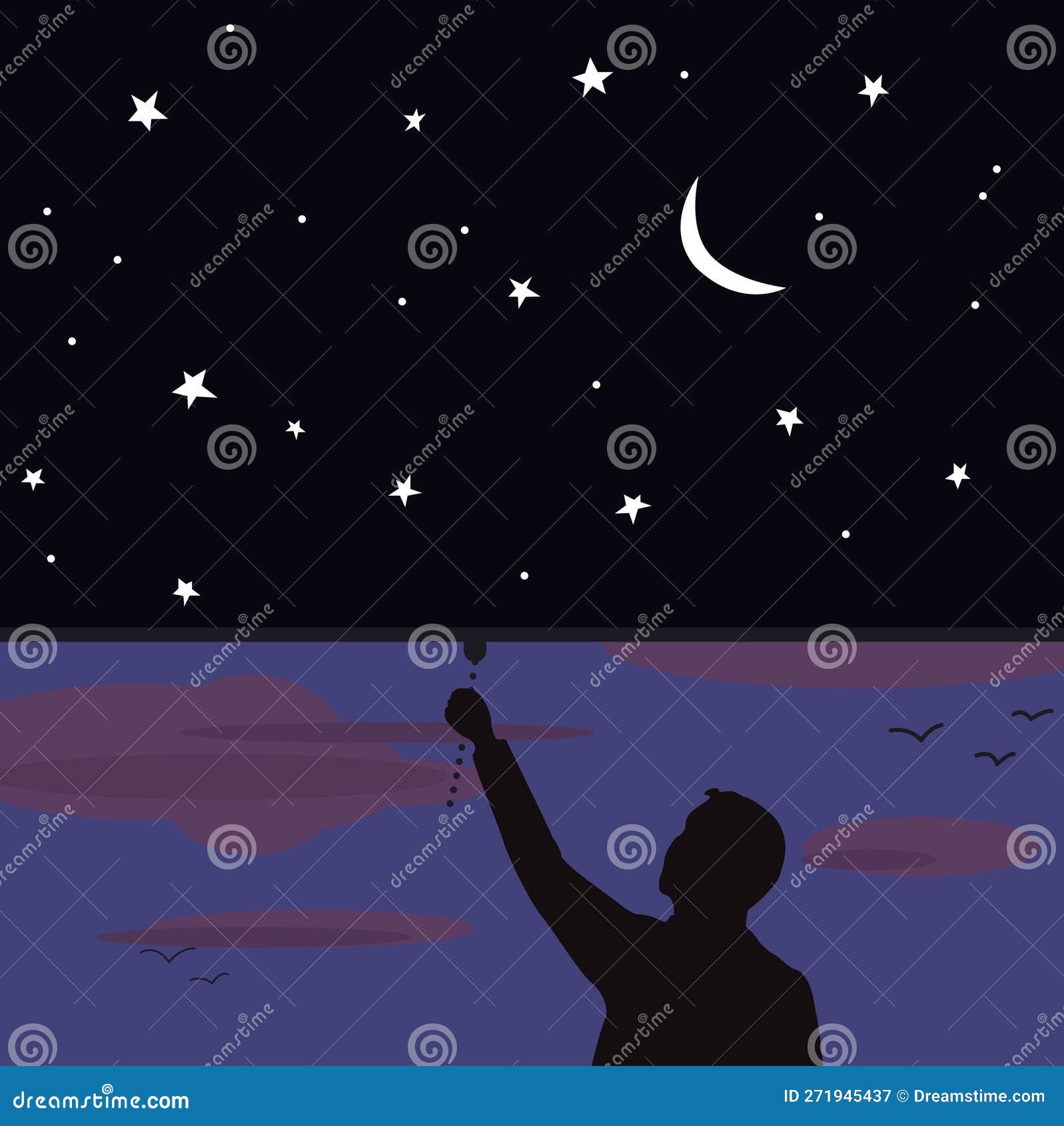 Illustration Person Closing the Curtain of Night Crescent Moon Stars ...