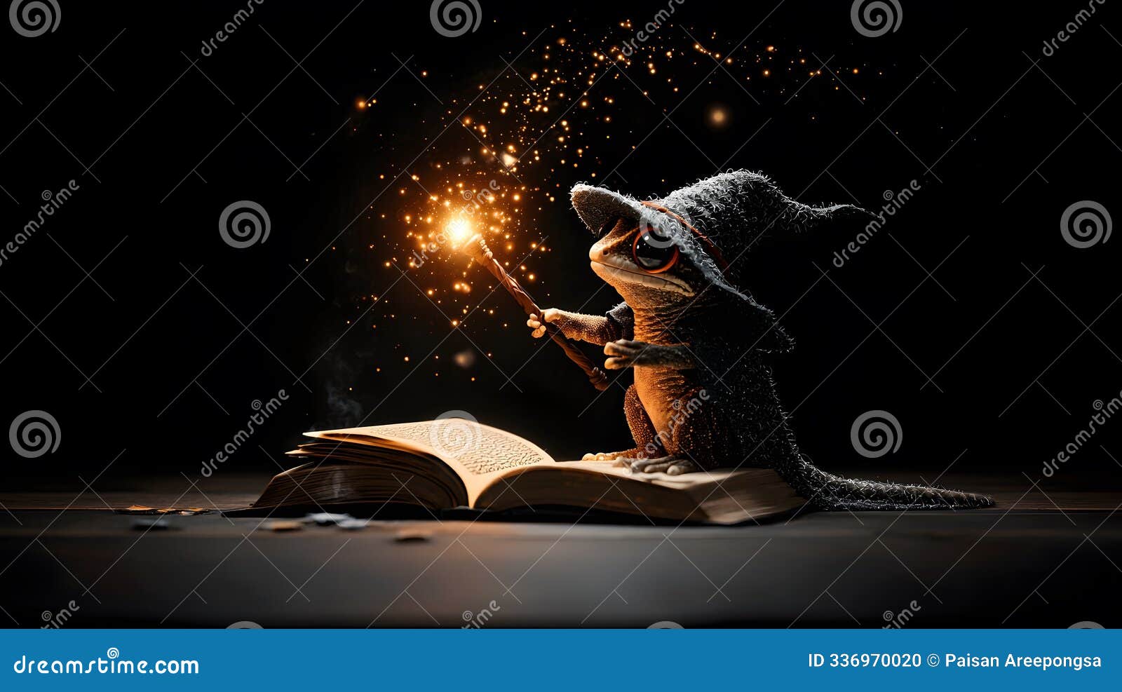 A Gecko Wizard Casting Spells with a Glowing Staff Over an Ancient Open ...
