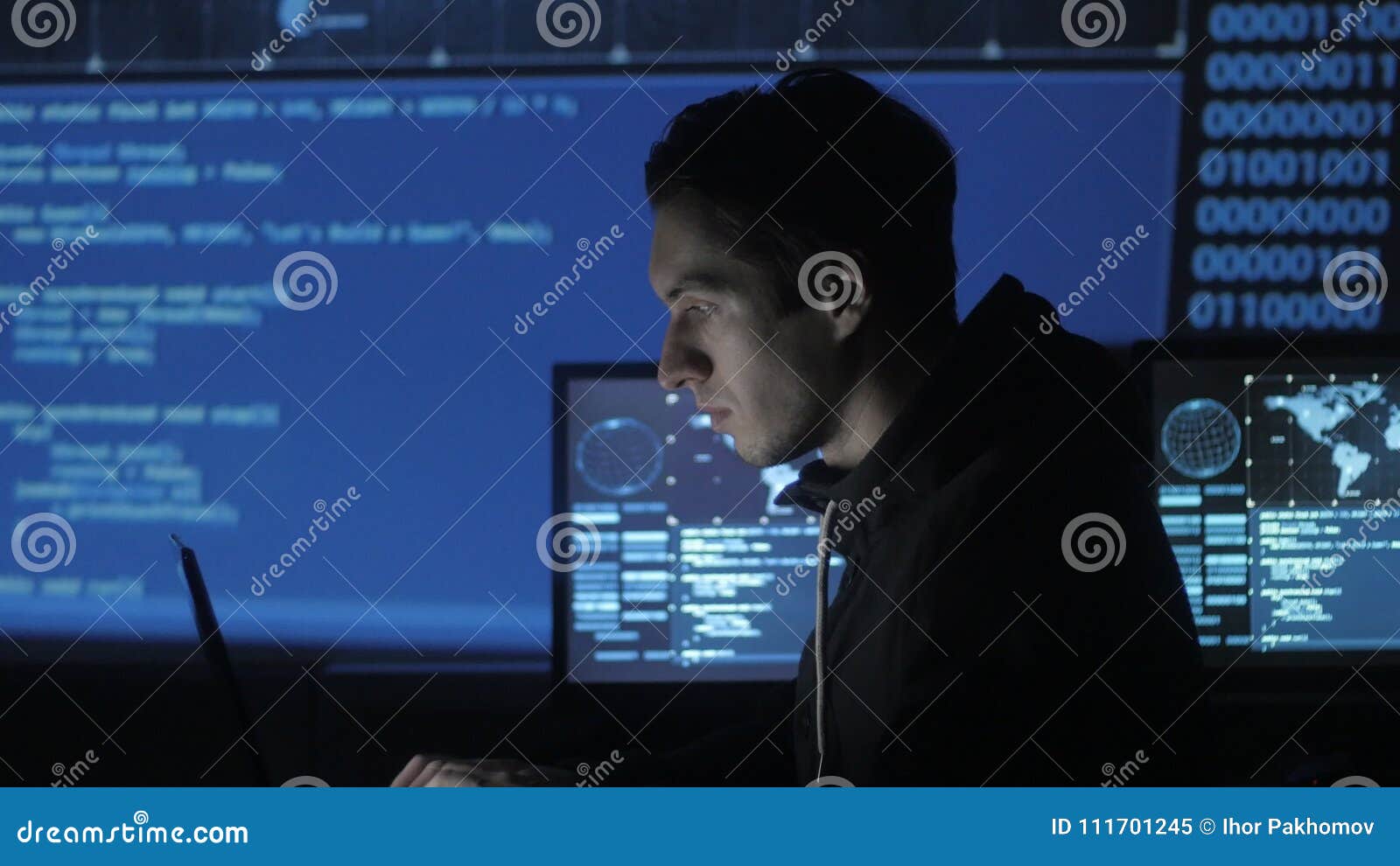 Geek Hacker Programmer is Working on Computer in Cyber Security Center Filled with Display ...