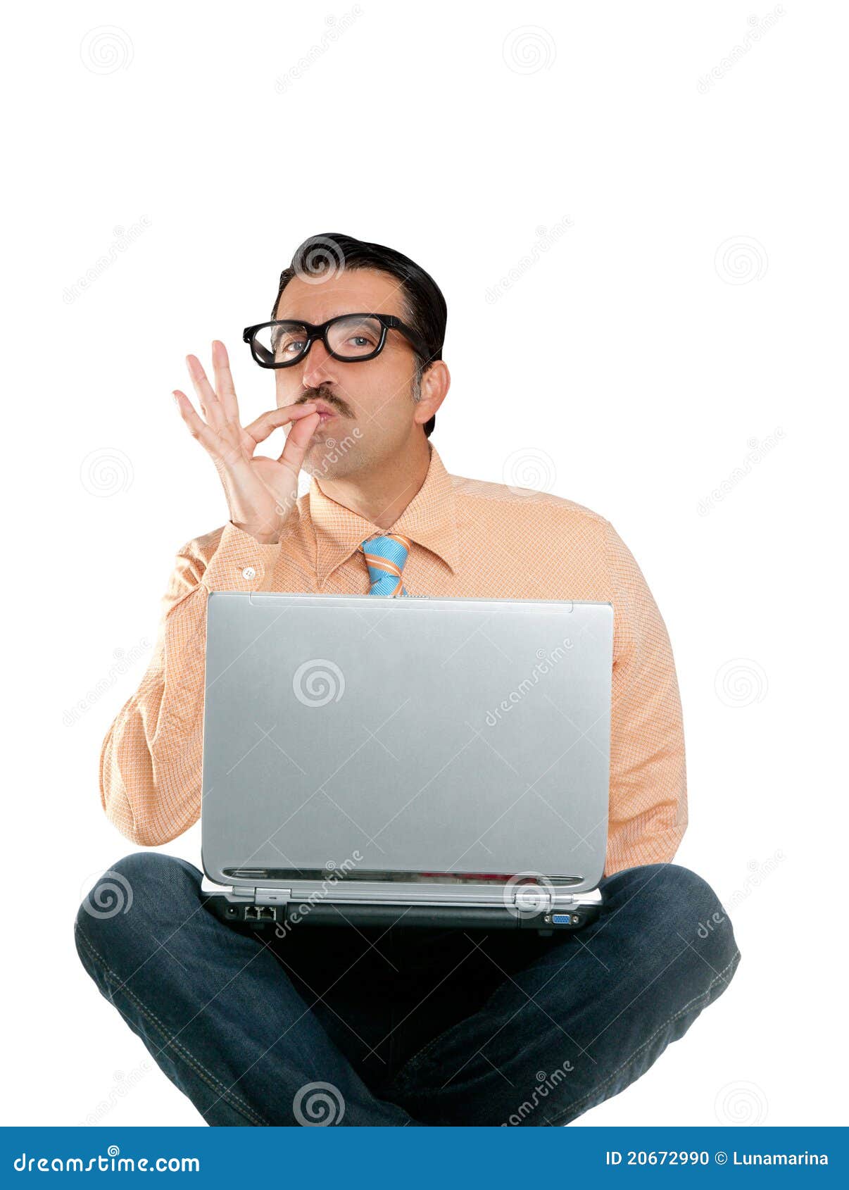 Geek Man Sit Laptop Computer Ok Positive Gesture Stock Photo - Image of ...