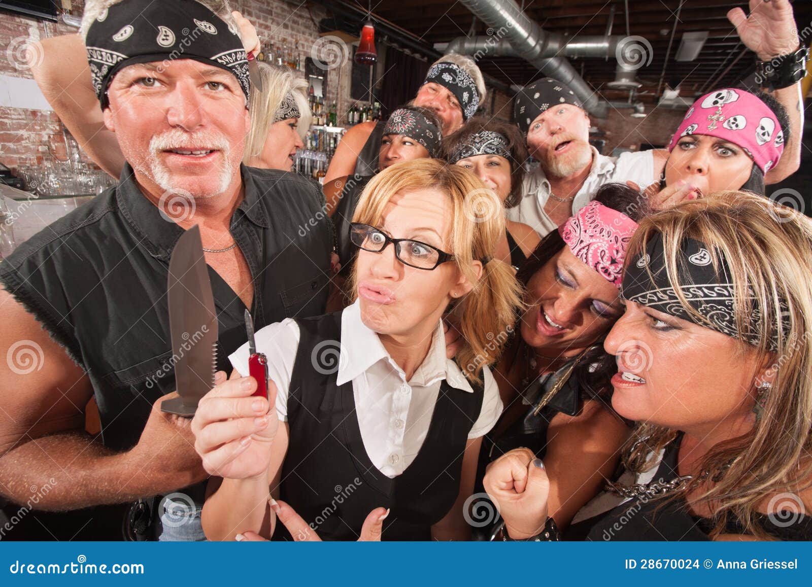 Geek and Tough Guy Compare Weapons Stock Photo - Image of bikers, gang ...