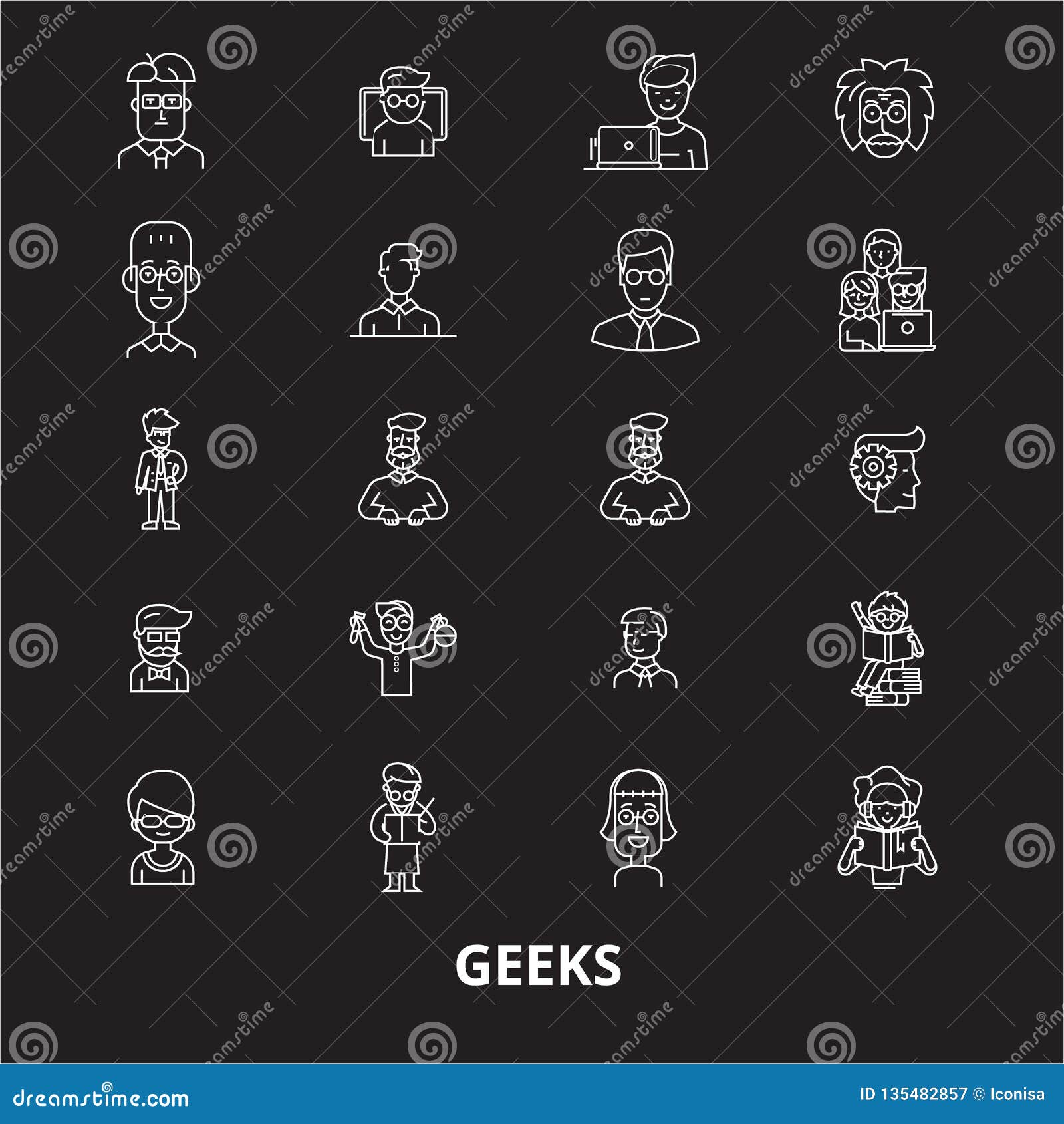 Geeks Editable Line Icons Vector Set on Black Background. Geeks White ... Geeks Editable Line Icons Vector Set on Black Background. Geeks White ...