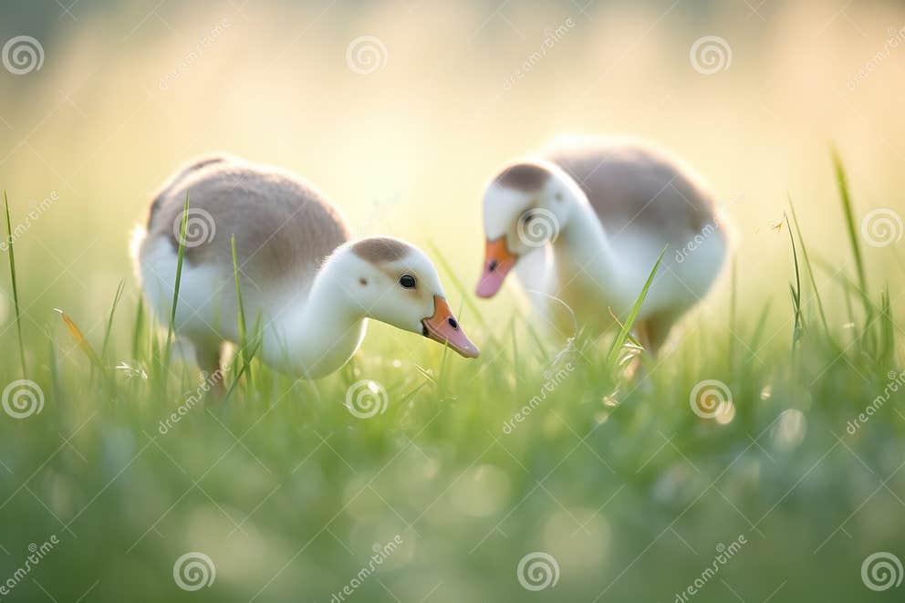 Geese Trio Nibbling on Grass Under Soft Light Stock Image - Image of ...