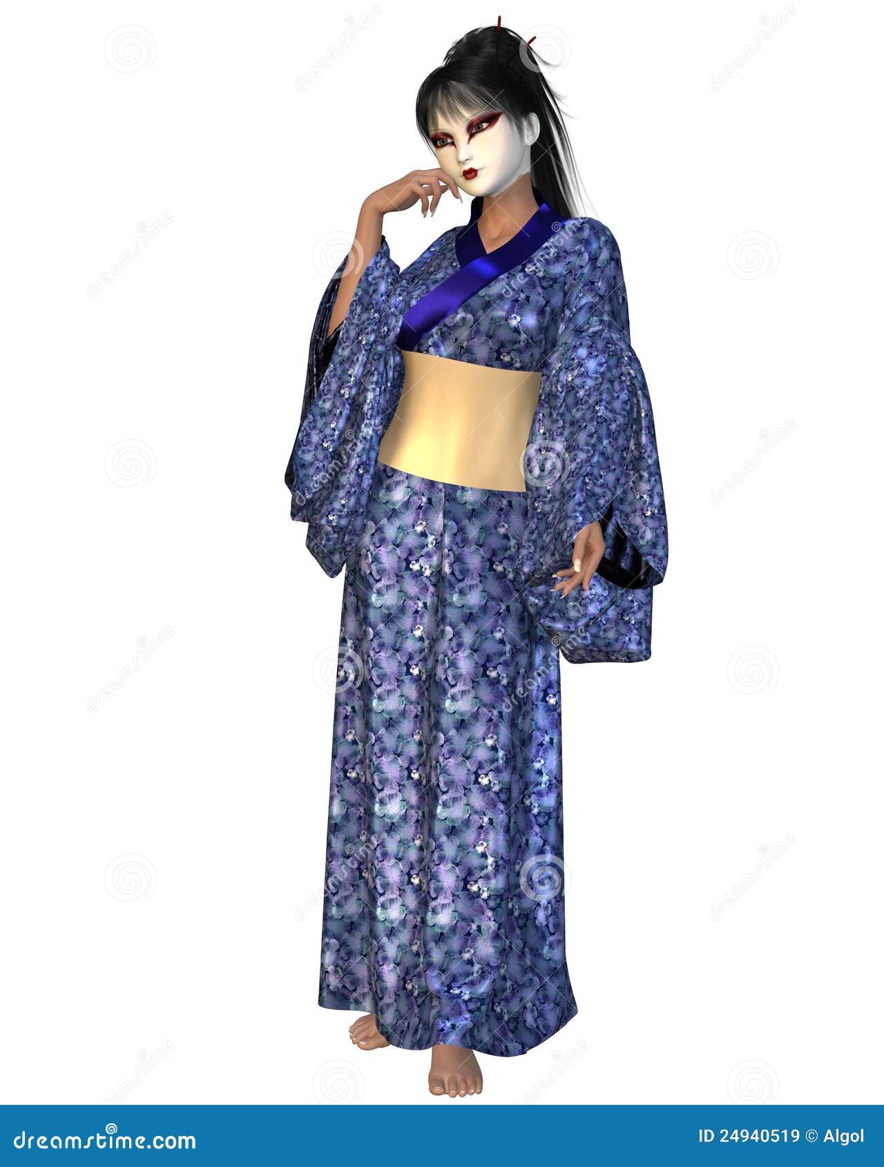 Geisha in Blue Flower Kimono Stock Illustration - Illustration of ...