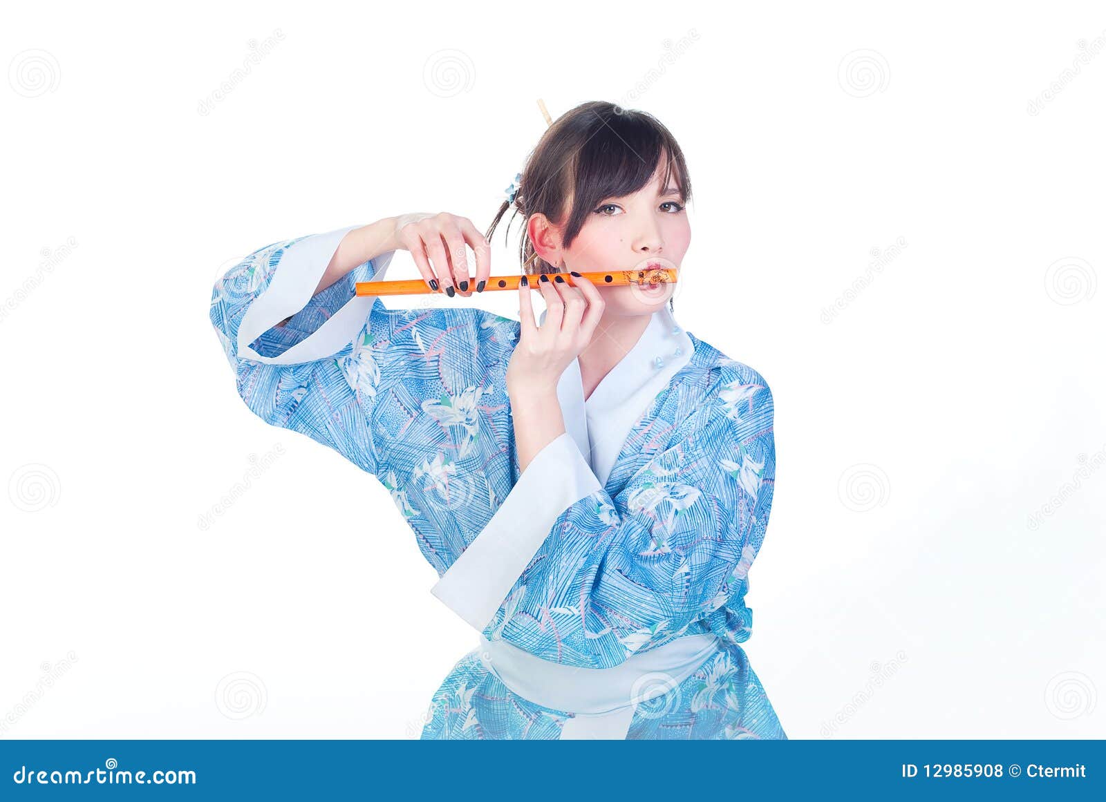 Geisha in blue kimono stock photo. Image of long, flower - 12985908