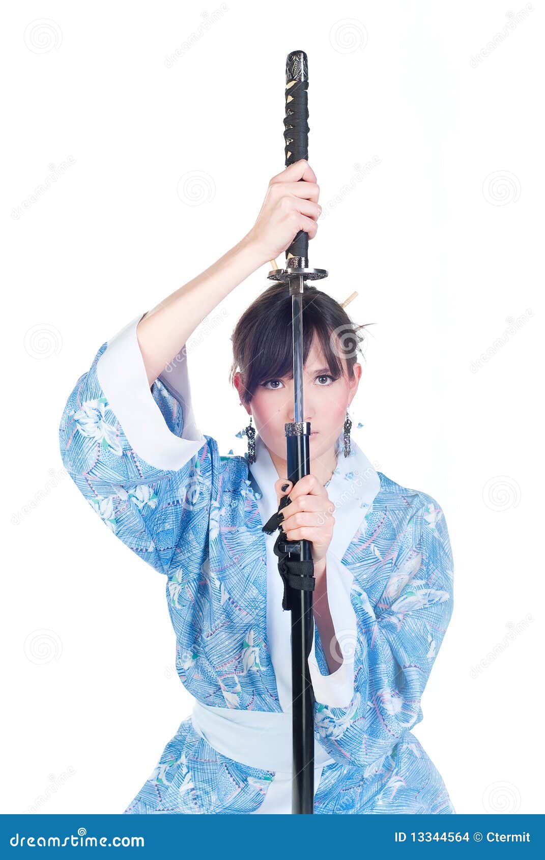 Geisha in Blue Kimono with Katana Stock Photo - Image of fighter ...