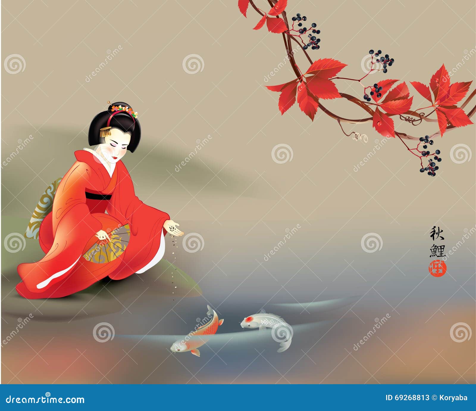 Geisha, die Koi einzieht vektor abbildung. Illustration von kunst ...