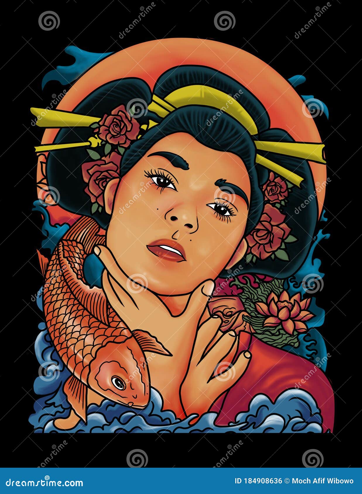 Geisha And Koi Illustation Art Stock Photo | CartoonDealer.com #184908636