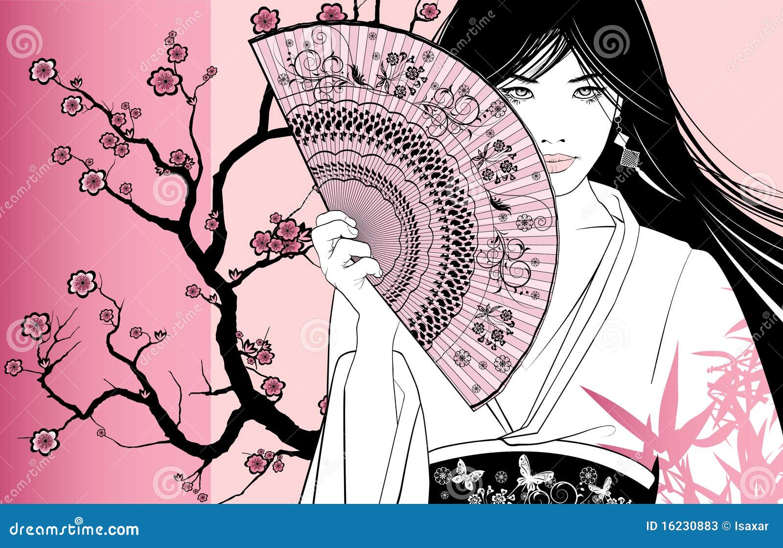 Geisha on a Pink Floral Background Stock Vector - Illustration of ...