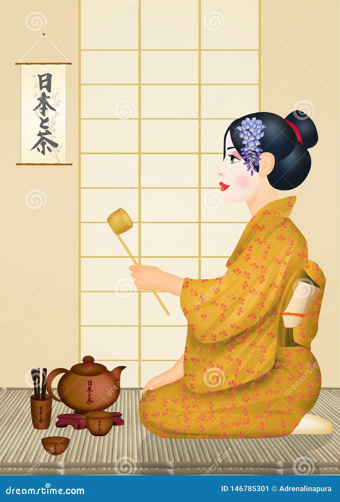 Geisha during the Tea Ceremony Ritual Stock Illustration - Illustration ...
