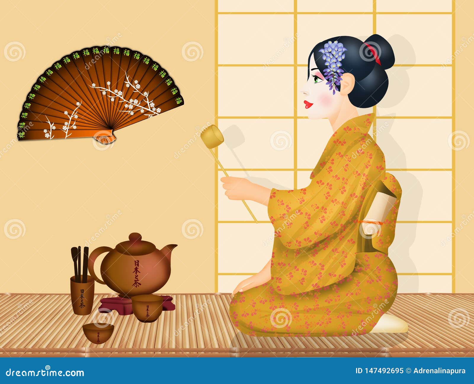 Geisha during the Tea Ceremony Ritual Stock Illustration - Illustration ...