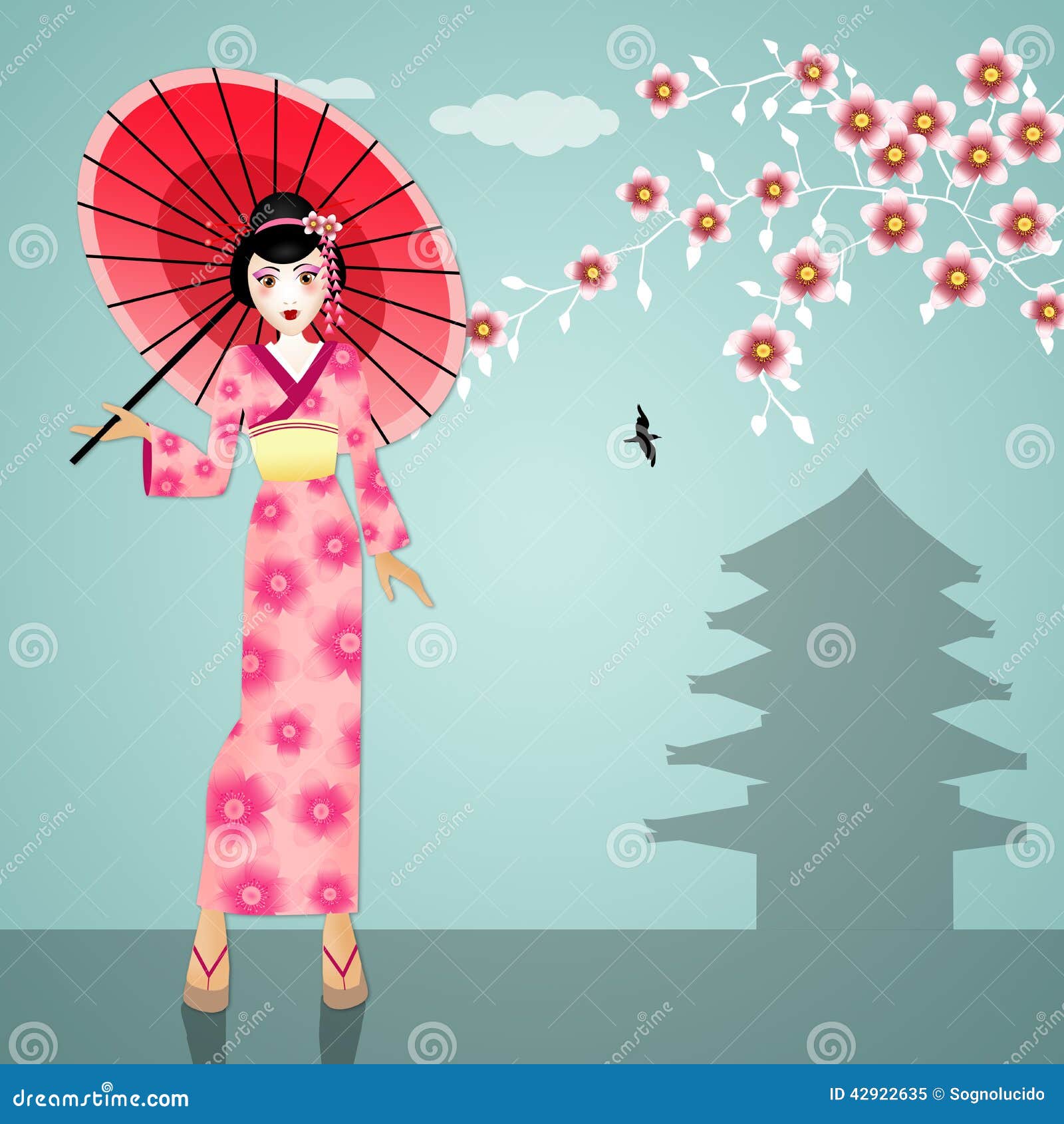 Geisha with umbrella stock illustration. Illustration of exotic - 42922635