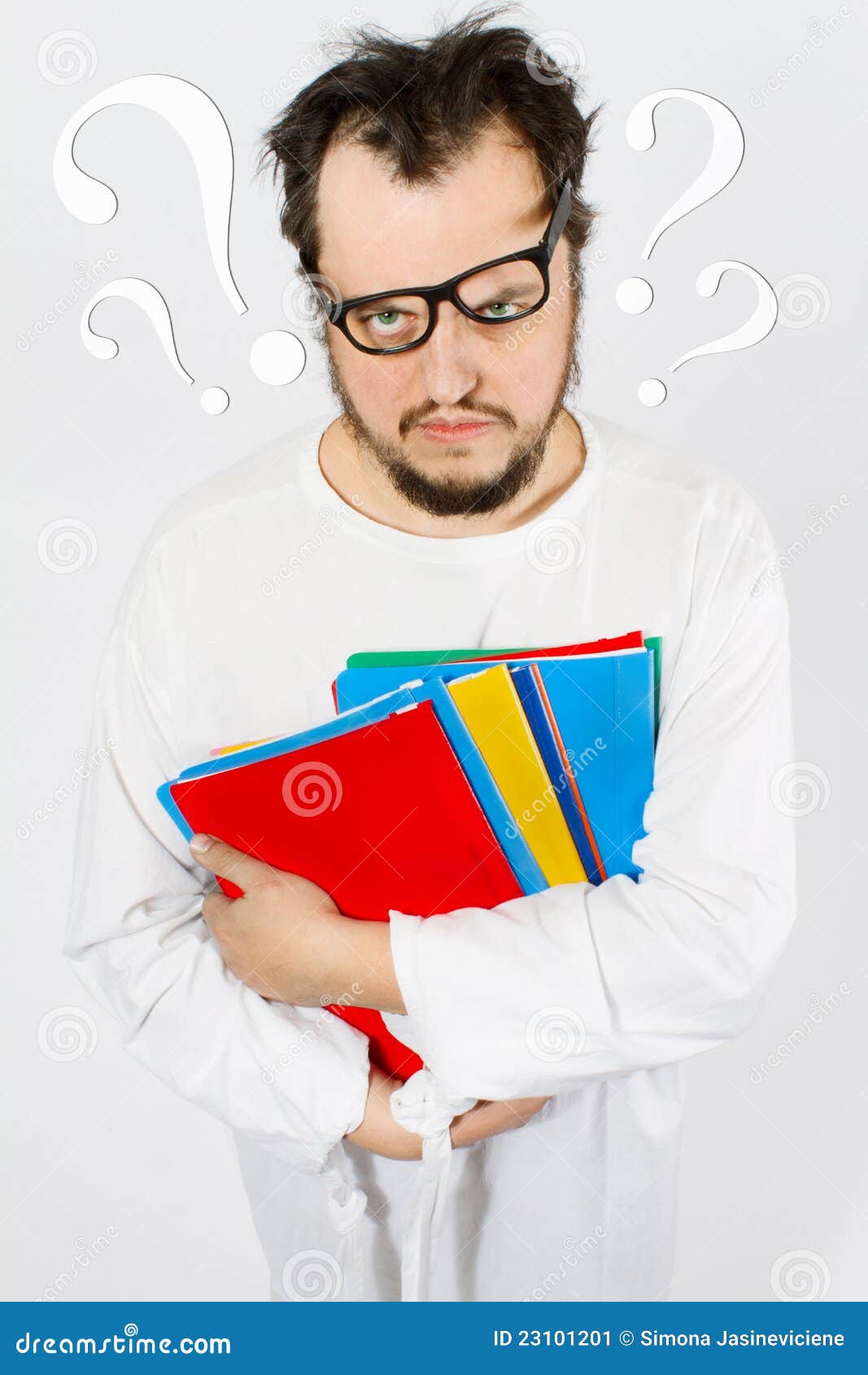 Gekke Nerd Met Met Vraagtekens Stock Afbeelding - Image of begrip, lach ...