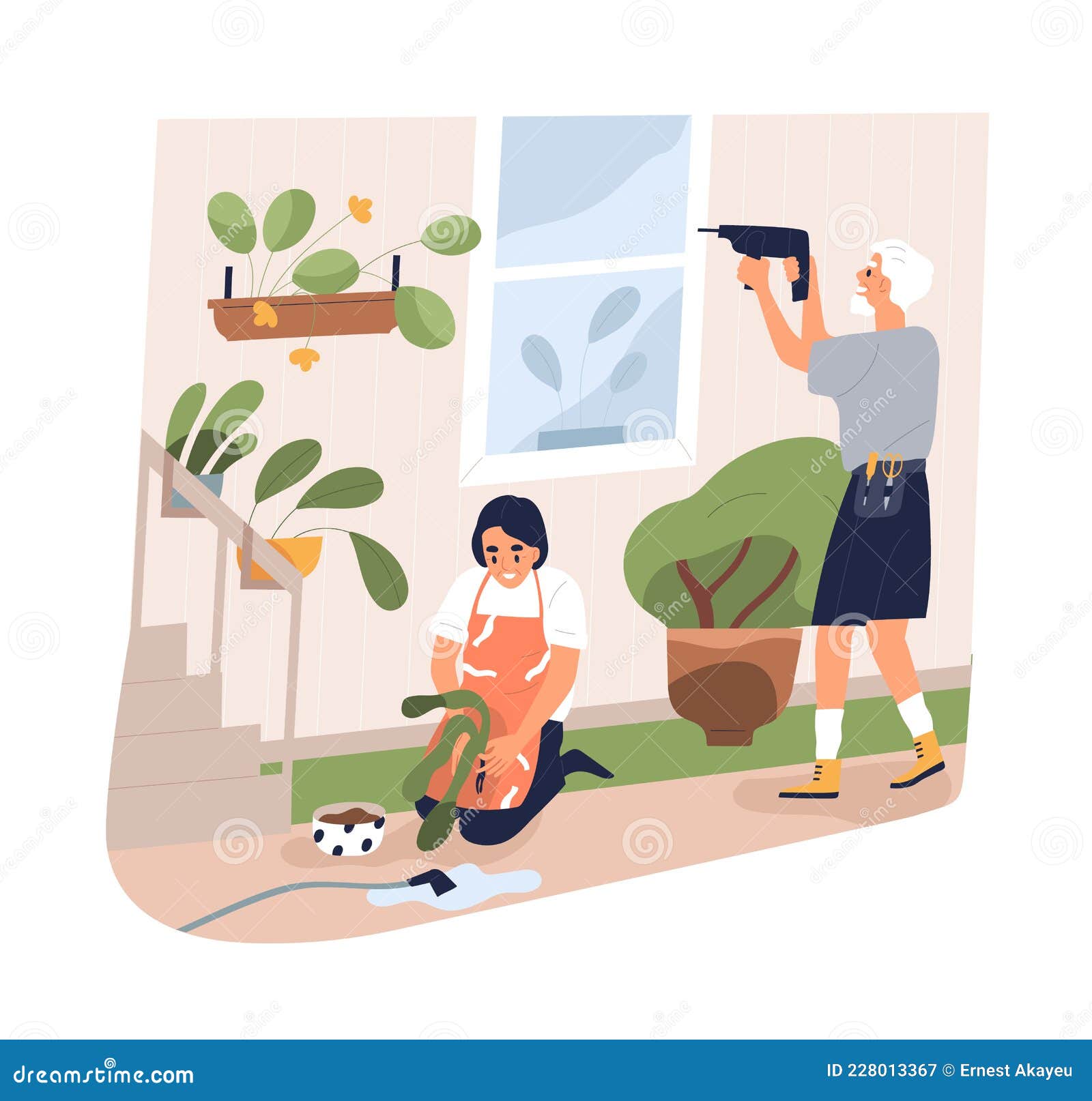Gelukkige Ouderen Die Werken Op De Binnentuin. Een Vrouw Die Zich ... Gelukkige Ouderen Die Werken Op De Binnentuin. Een Vrouw Die Zich ...