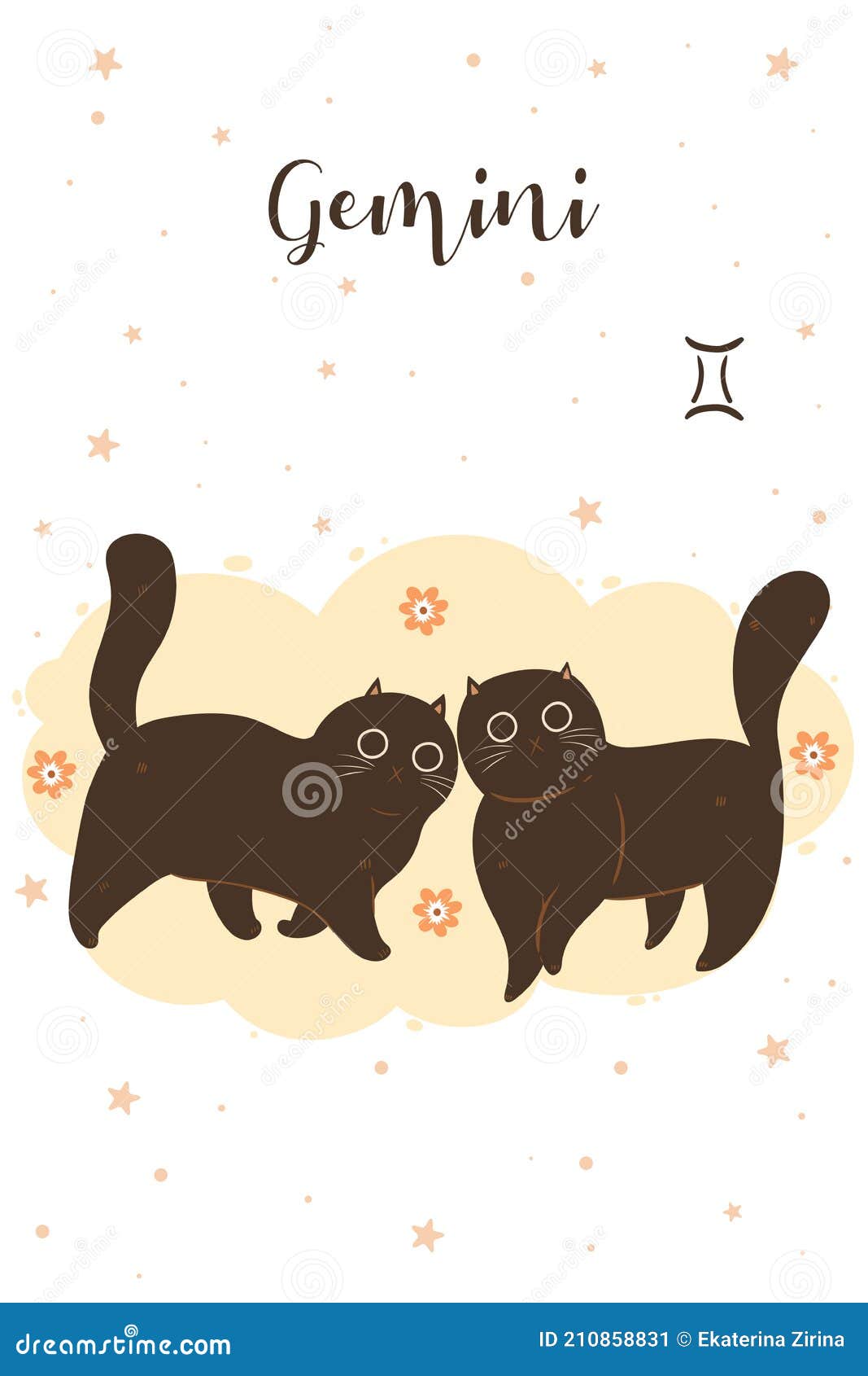 Gemini Cats in Cartoon Style. Postcard with Zodiac Sign. Vector ...