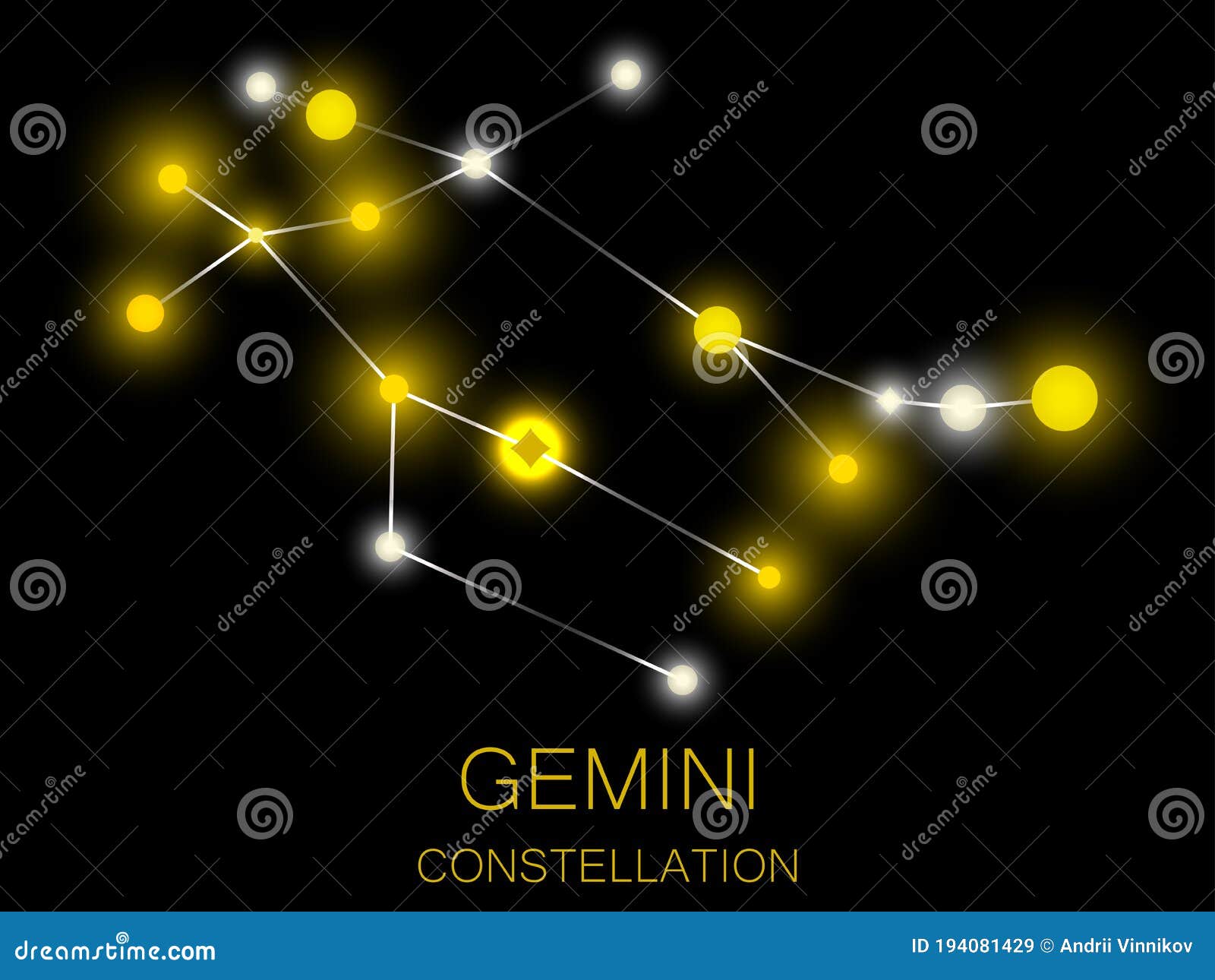 Gemini Constellation. Bright Yellow Stars in the Night Sky. a Cluster ...