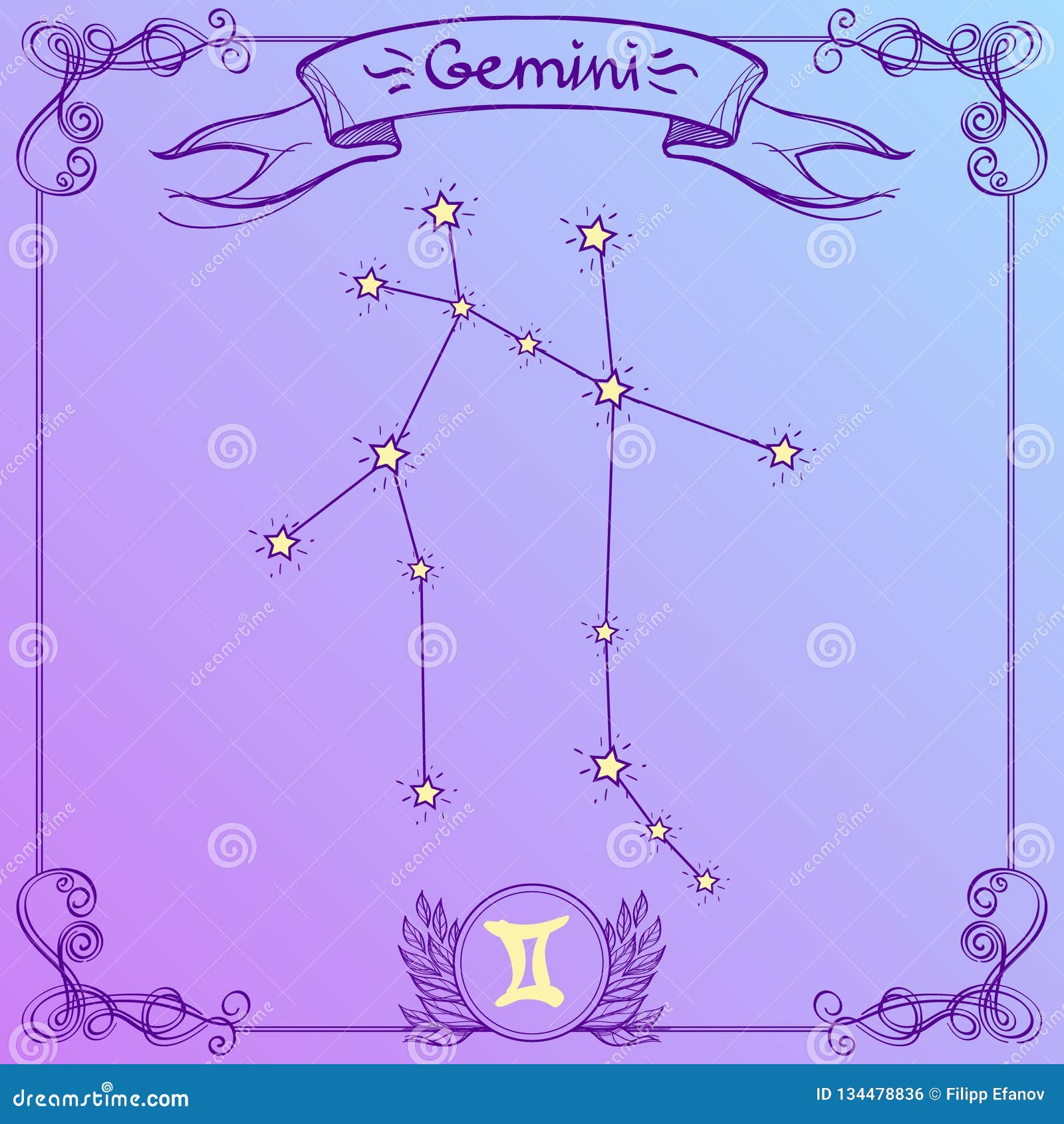 Gemini Constellation On A Purple Background. Schematic Representation ...