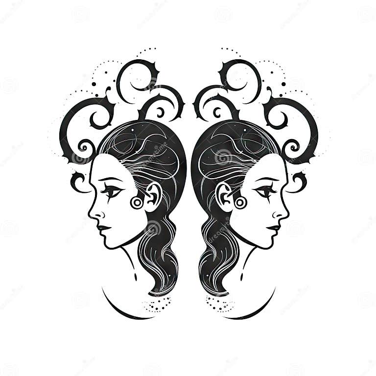 Gemini Icon Woman Zodiac Symbol Ornate Gemini Silhouette Horoscope Pictogram Stock