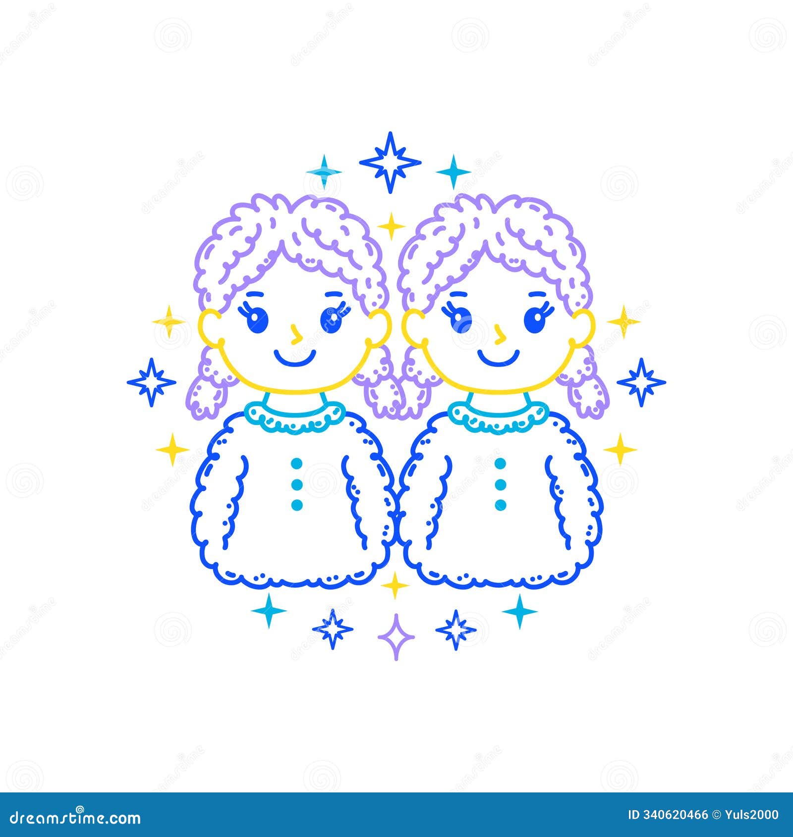 Doodle Set With Gemini Zodiac Symbol. Two Beautiful Twin Girls Against ...