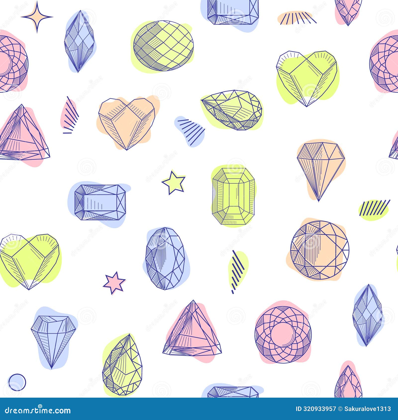 Gemstone Crystal Seamless Pattern. Pastel Gems and Stars on White ...