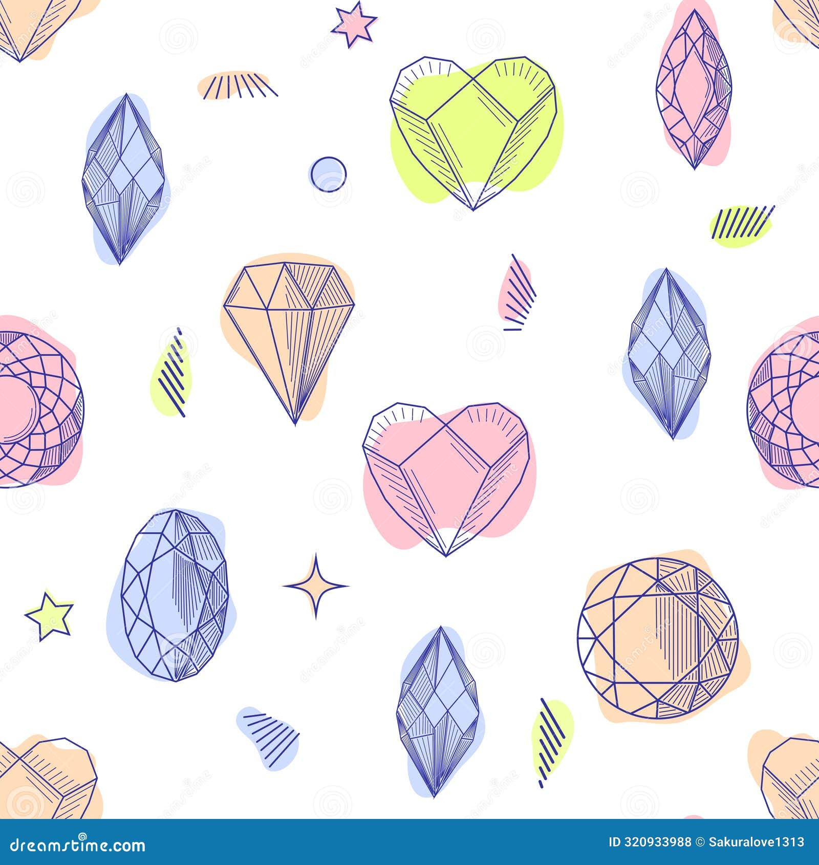 Gemstone Crystal Seamless Pattern. Pastel Gems and Stars on White ...