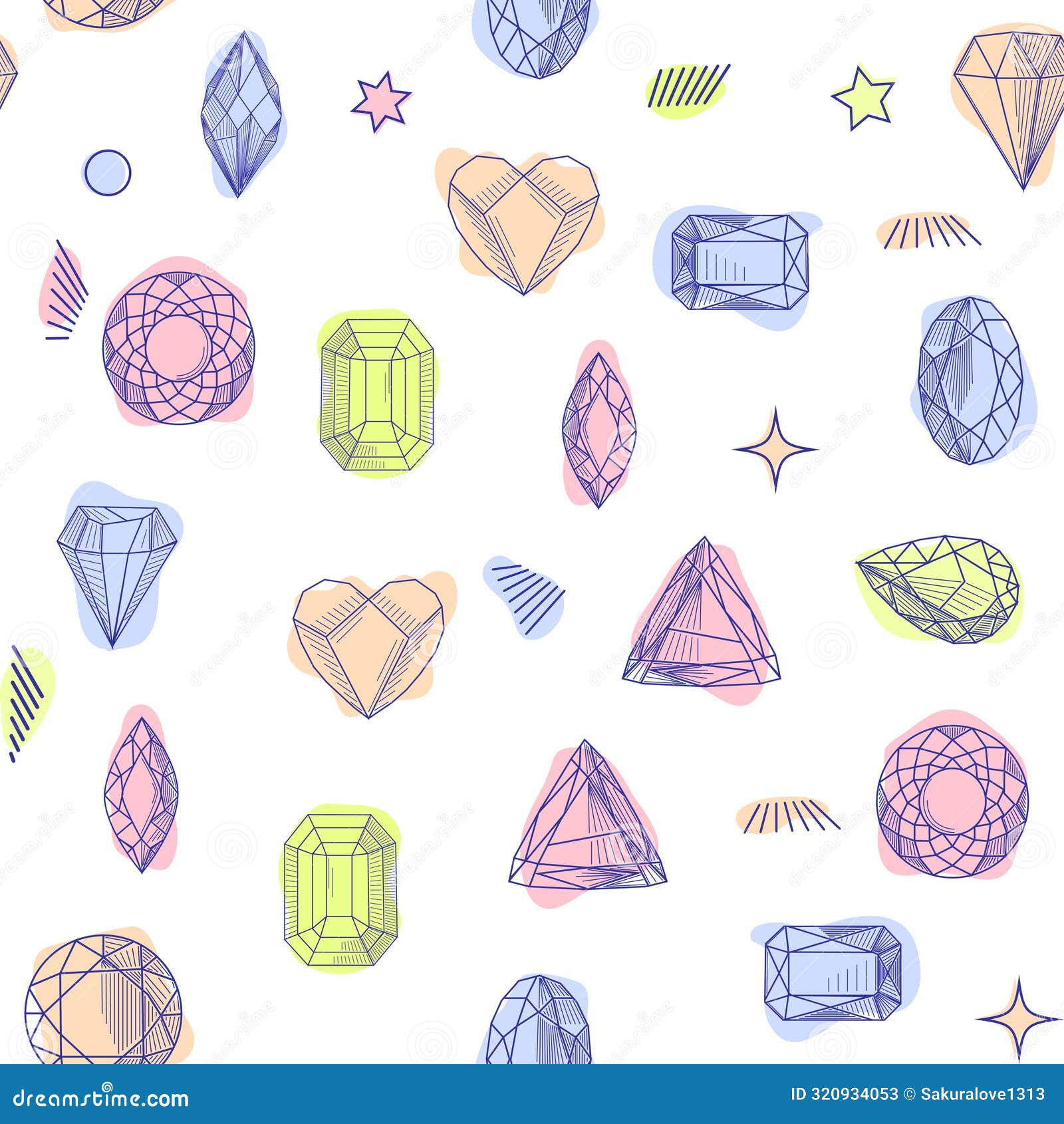 Gemstone Crystal Seamless Pattern. Pastel Gems and Stars on White ...