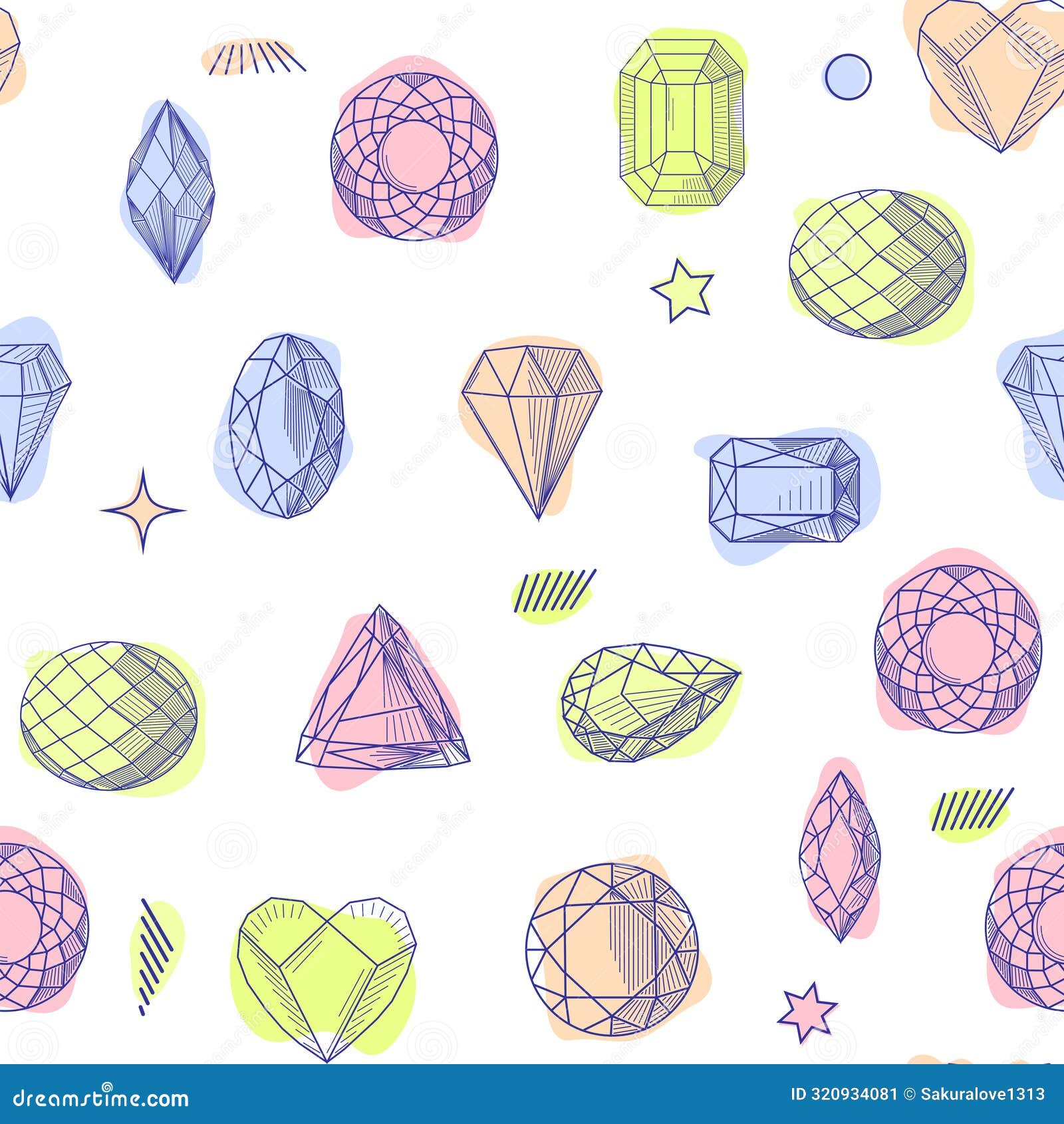 Gemstone Crystal Seamless Pattern. Pastel Gems and Stars on White ...