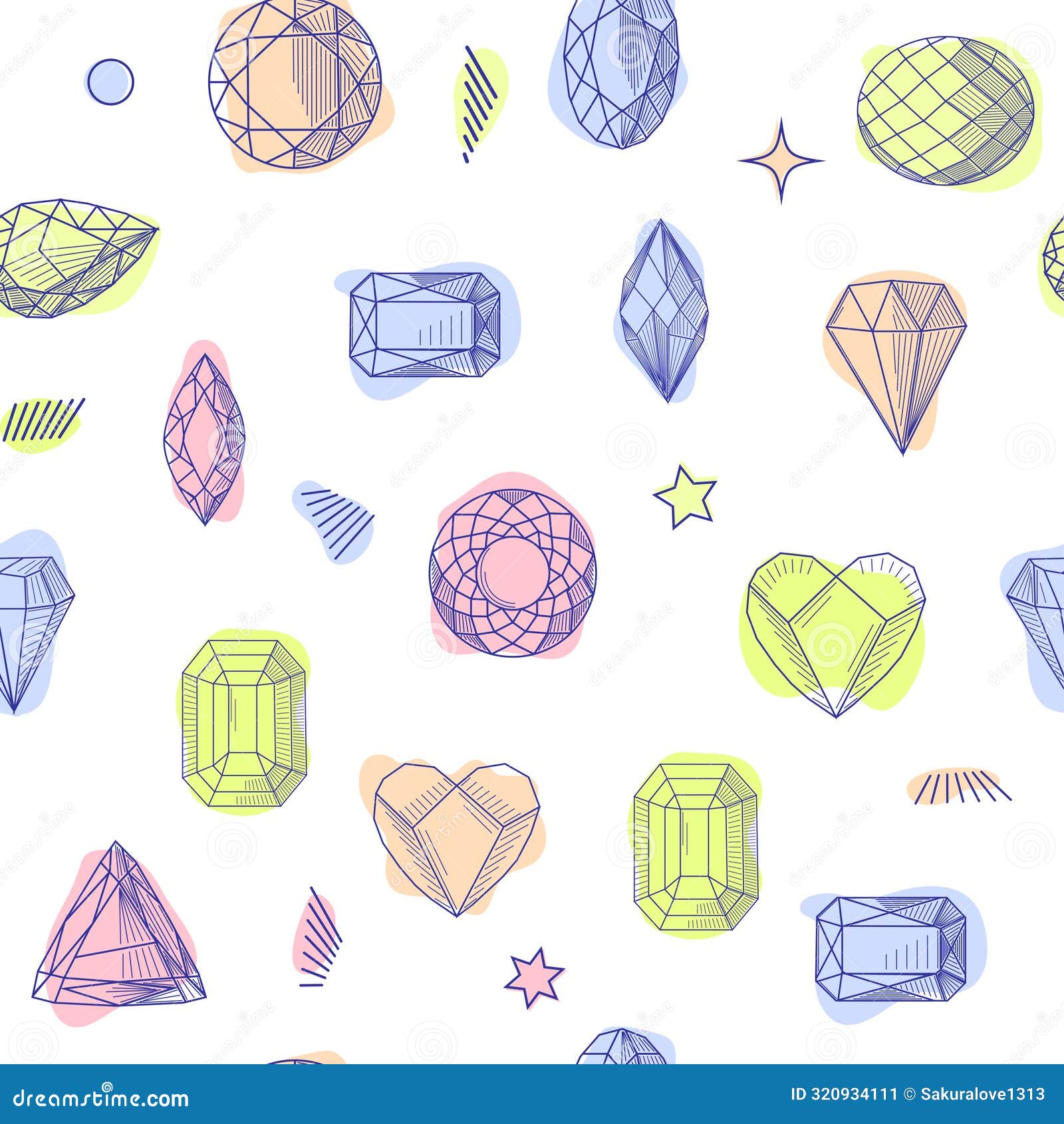 Gemstone Crystal Seamless Pattern. Pastel Gems and Stars on White ...