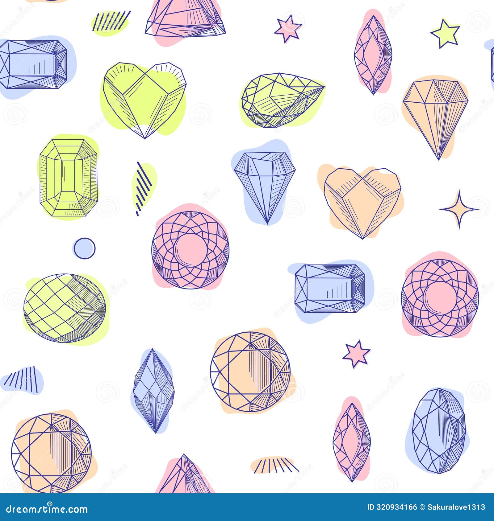Gemstone Crystal Seamless Pattern. Pastel Gems and Stars on White ...