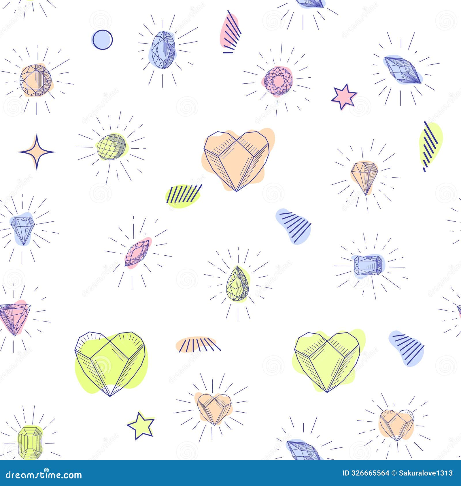 Gemstone Crystal Seamless Pattern. Pastel Gems and Stars on White ...