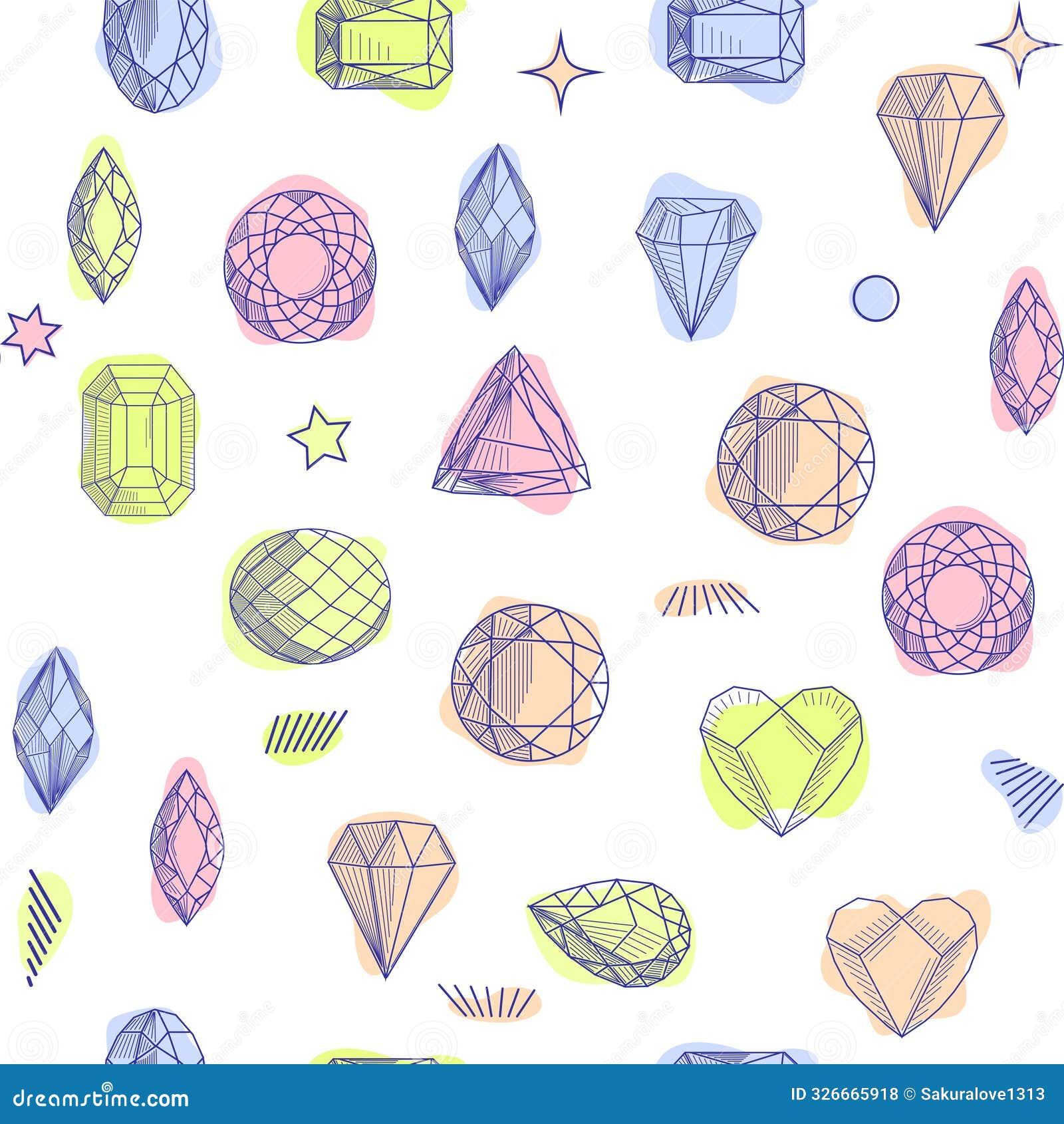 Gemstone Crystal Seamless Pattern. Pastel Gems and Stars on White ...