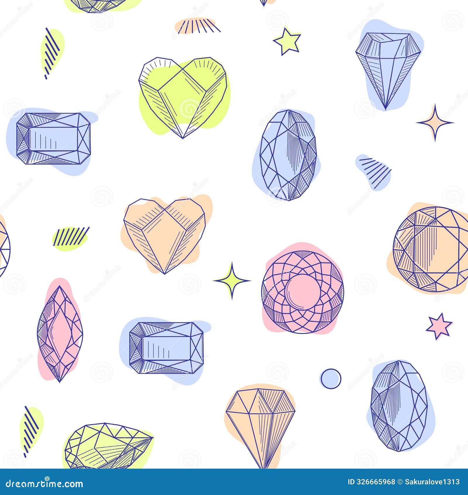 Gemstone Crystal Seamless Pattern. Pastel Gems and Stars on White ...