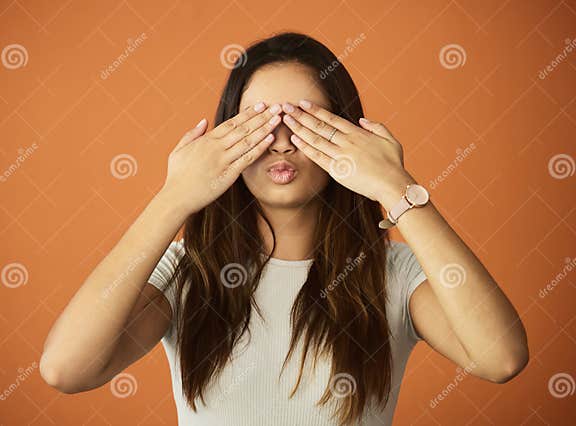 Gen Z, Woman and Hands Over Eyes with Kiss Emoji on Studio Backdrop for ... Gen Z, Woman and Hands Over Eyes with Kiss Emoji on Studio Backdrop for ...