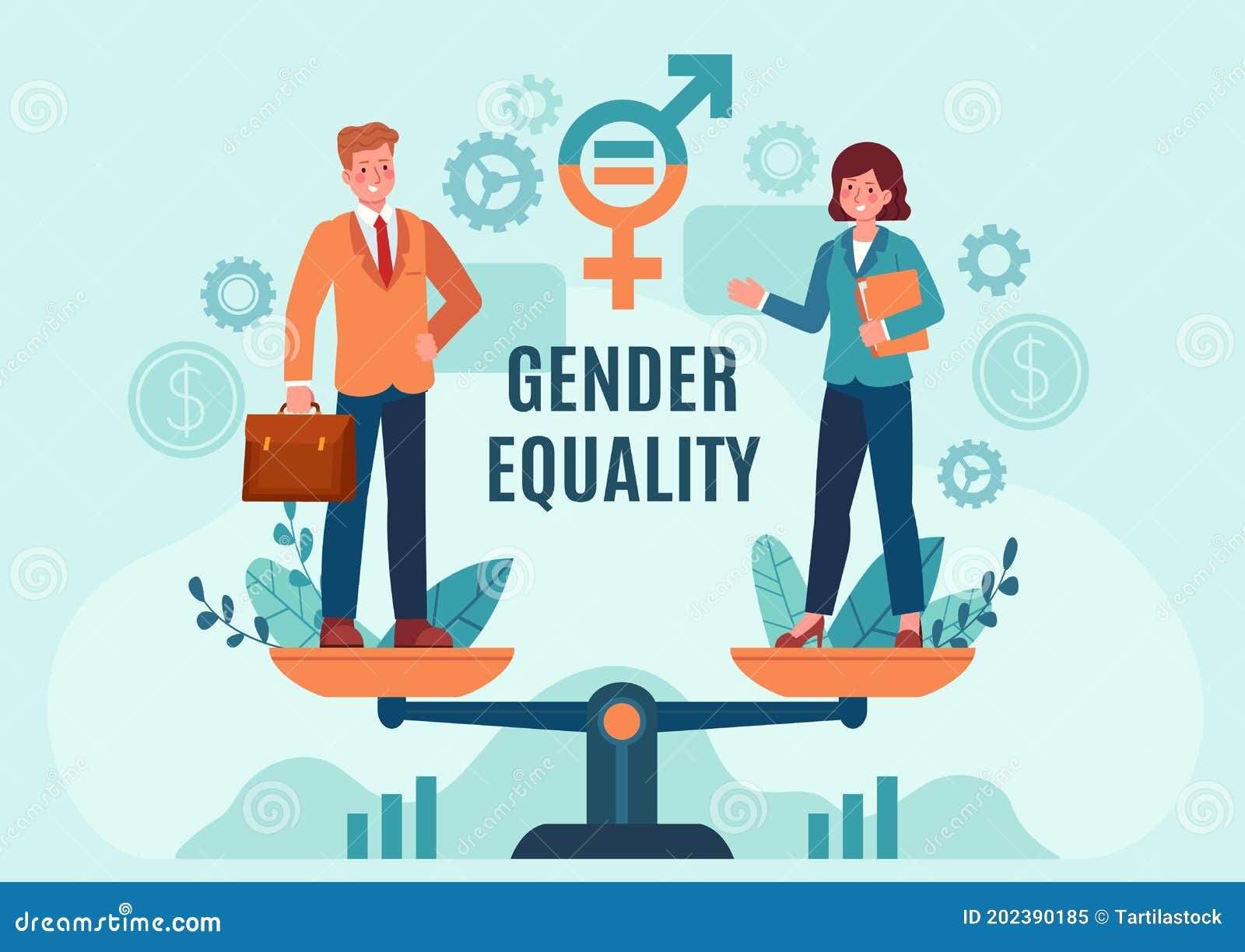 Gender Business Equality Employee Woman And Man Standing On Balanced