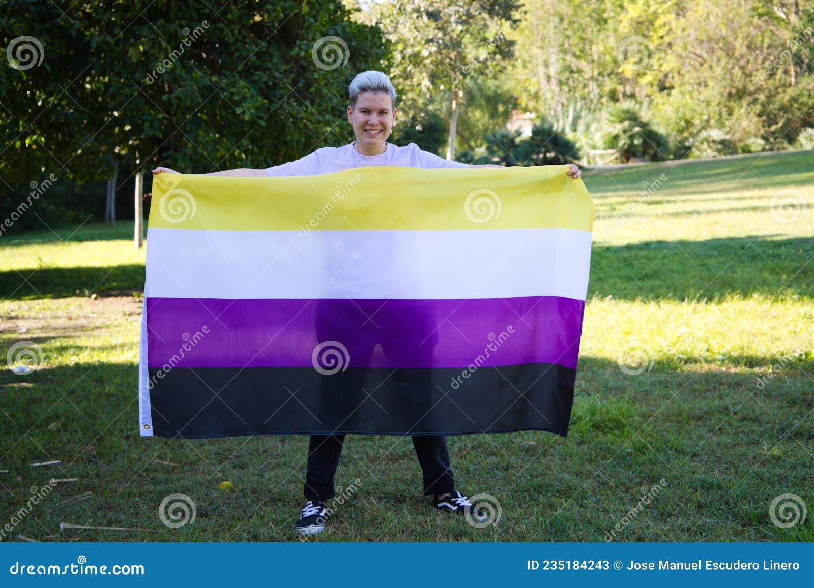 Gender Non-binary Person Holds the Non-binary Pride Flag in His Hands ...