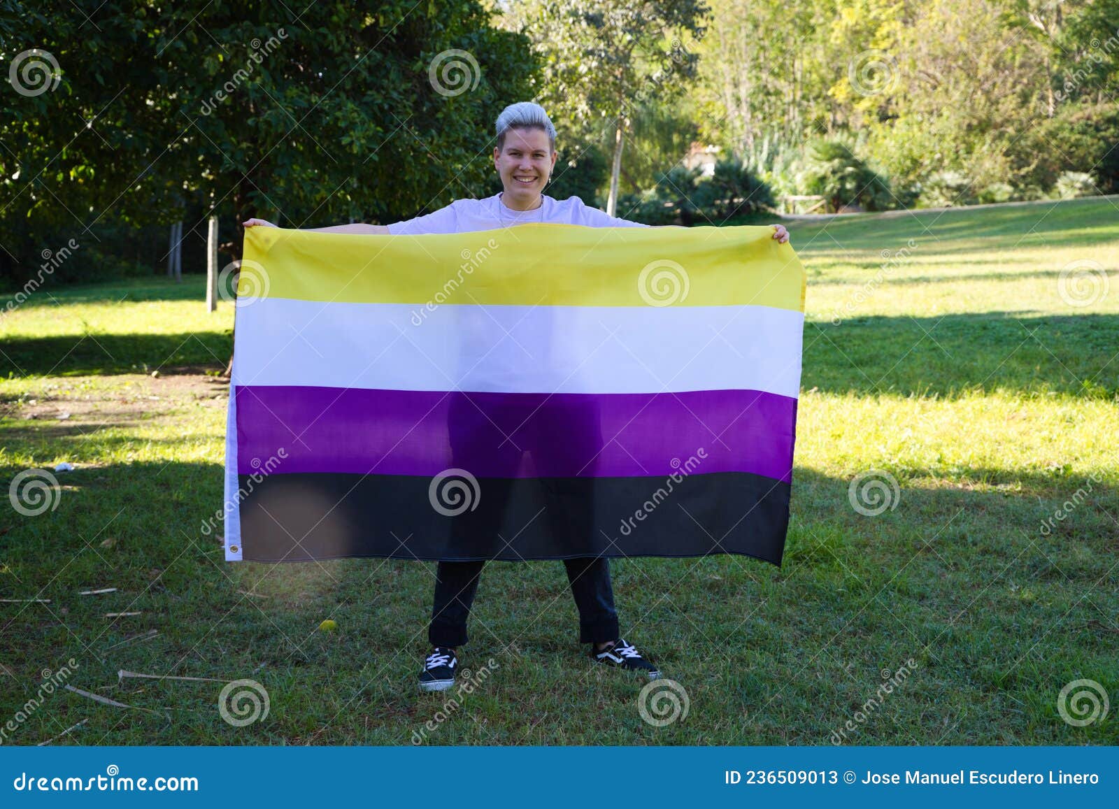 Gender Non-binary Person Holds the Non-binary Pride Flag in His Hands ...
