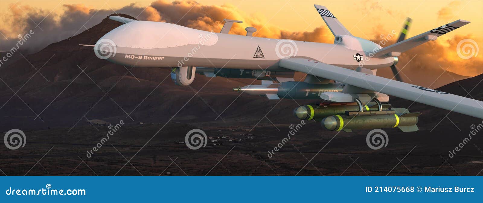 General Atomics MQ-9 Reaper Drone Flying Over the Mountains at Sunset ...