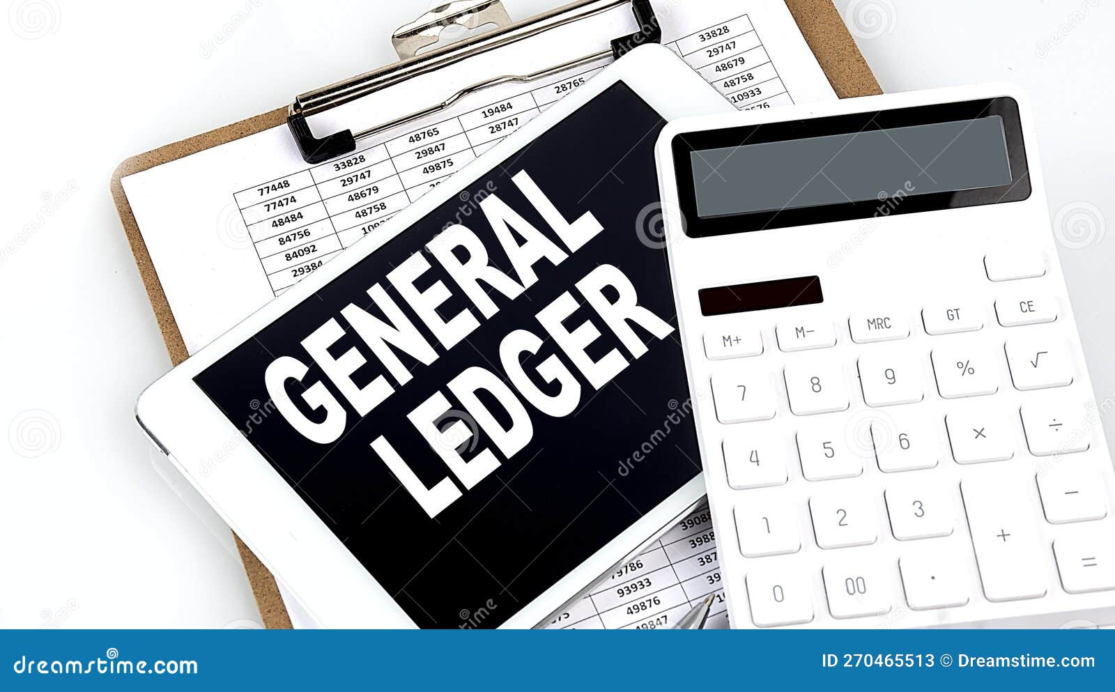 GENERAL LEDGER Text on a Tablet with Chart, Calculator and Pen Stock ...