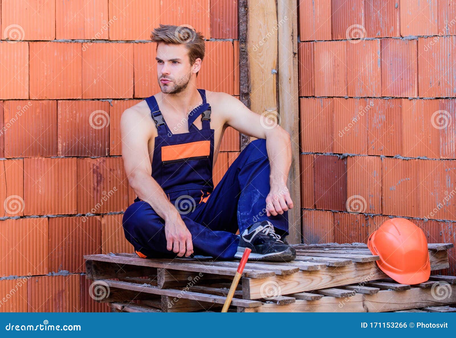 General Maintenance Repair Worker. Worker Brick Wall Background. Man ...