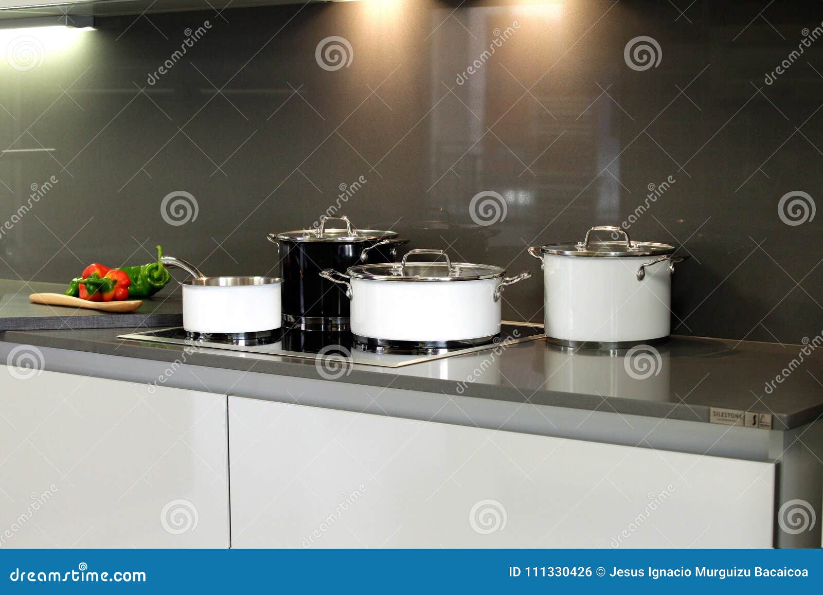 General Plan of a Kitchen with Black and White Pots 3. Stock Photo ...