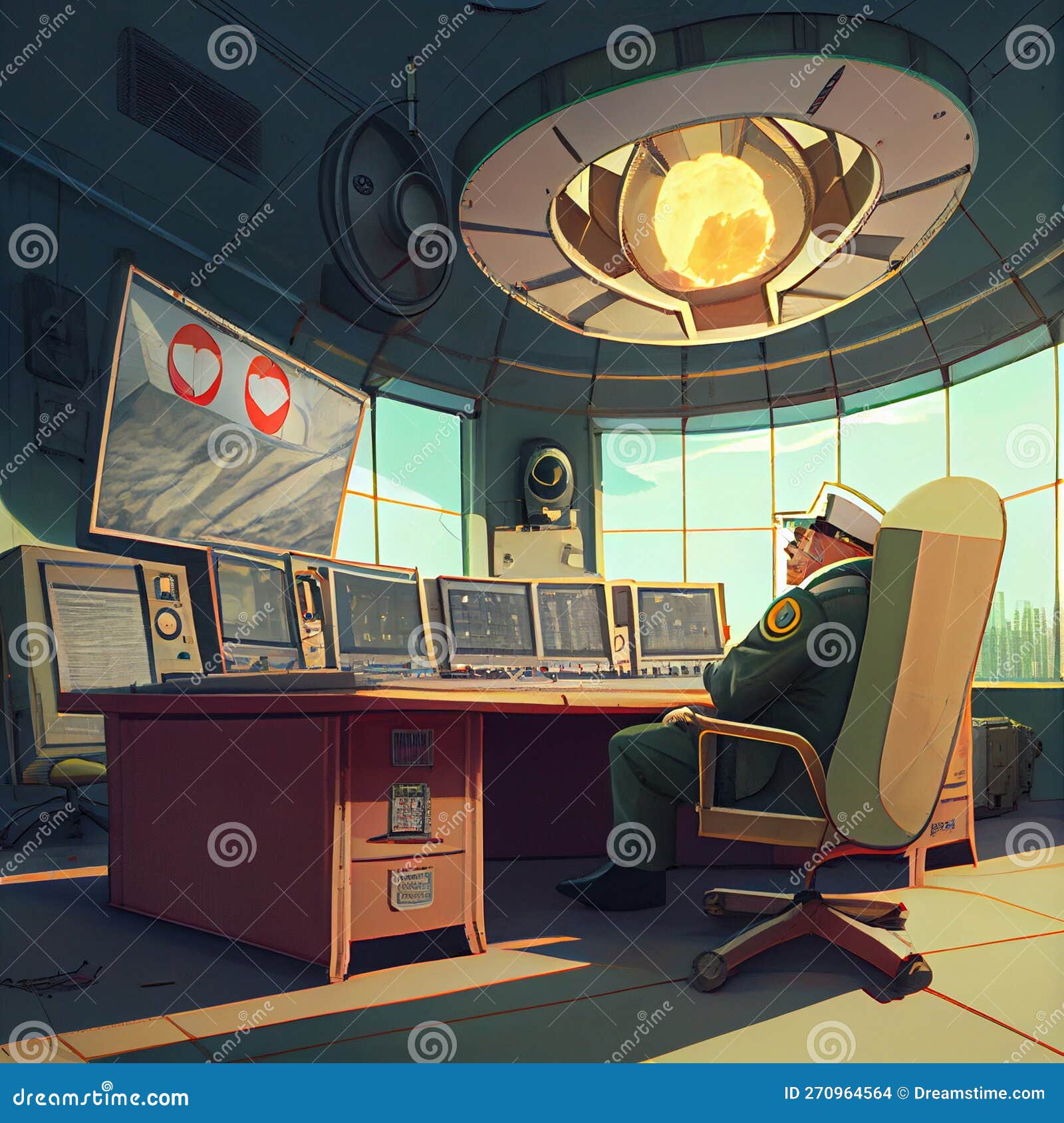 The General Sits at the Control Panel Looks at the Screens Drawing ...