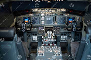 General View of the Empty Cockpit Cockpit. Commercial Flight Simulator ...